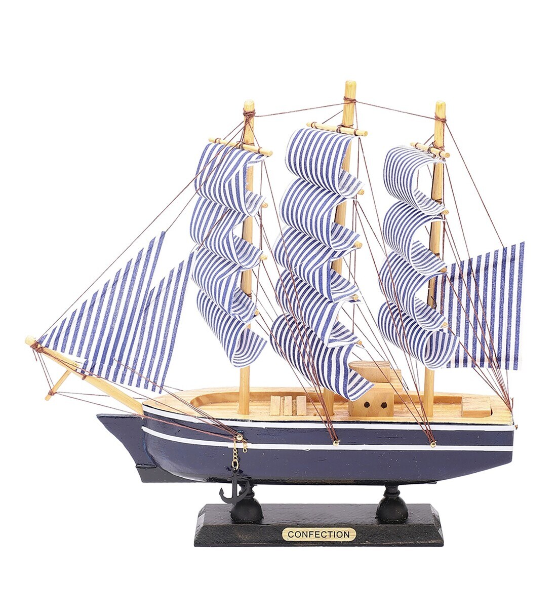 Buy Wooden 8.5 inches Navy Blue with Striped Mast Sailing Ship ...