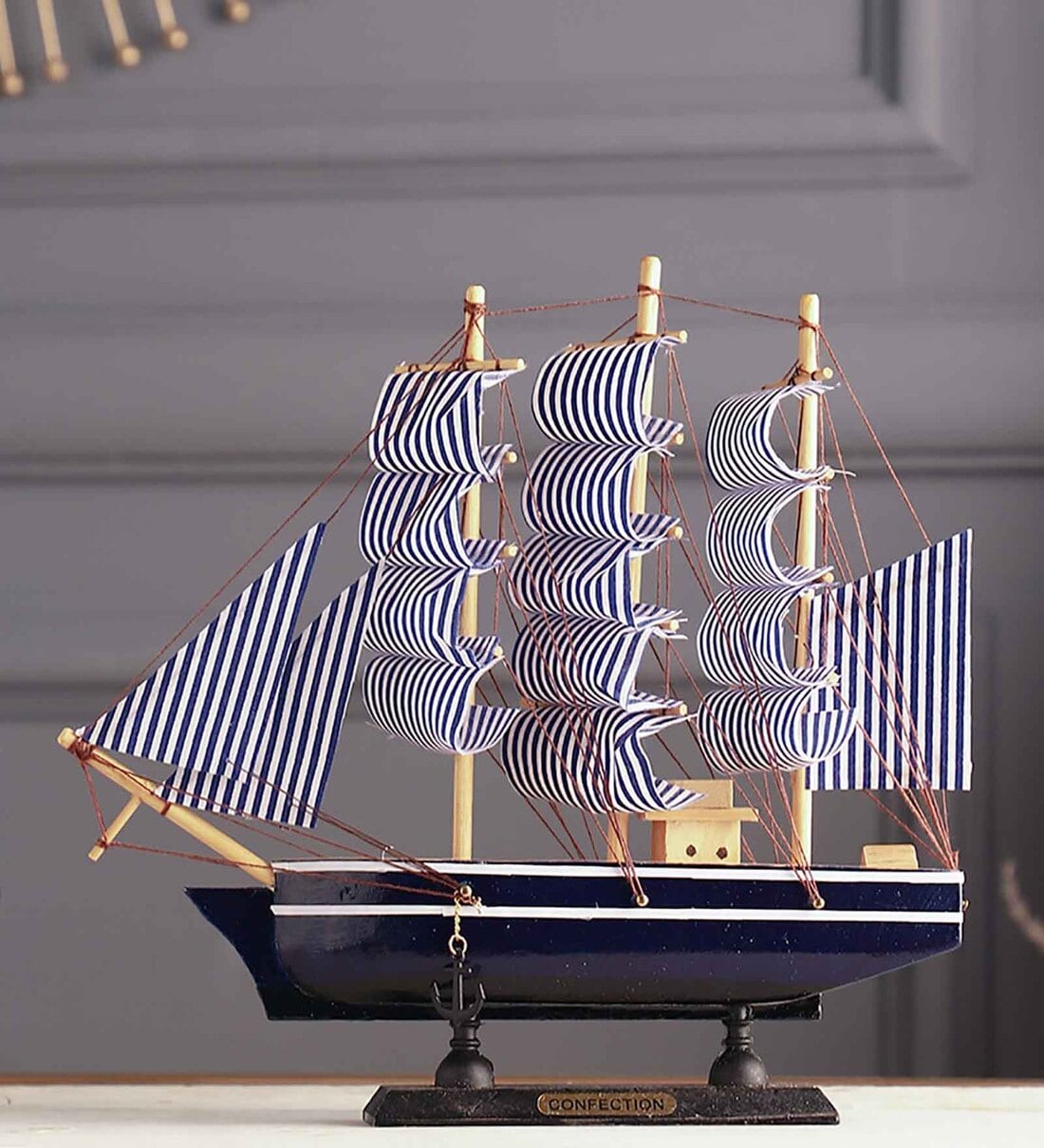 Buy Wooden 8.5 inches Navy Blue with Striped Mast Sailing Ship ...