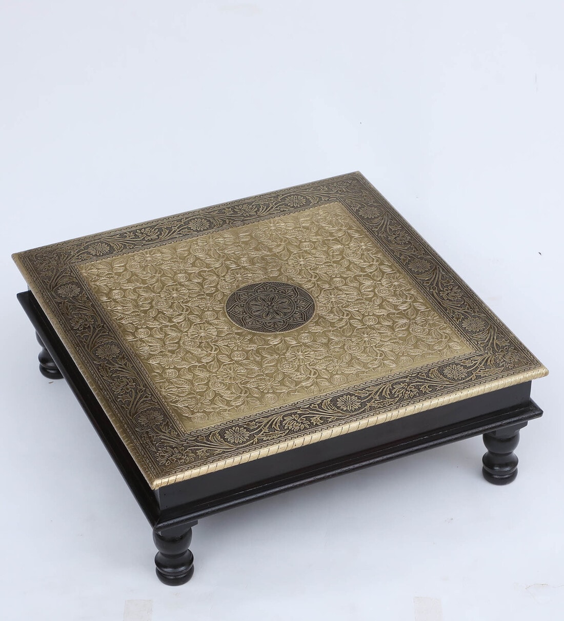 Buy Wooden Brass Fitted Chowkie In Brown By Padmavati Art Creations ...