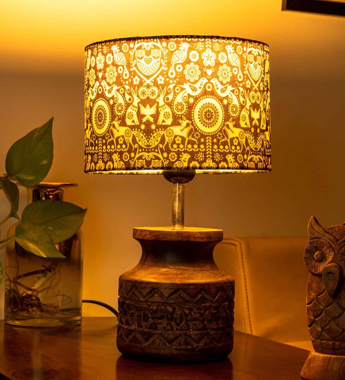 Buy Wooden Carved Lamp with Indian Art Multicolor Shade at 42% OFF by ...