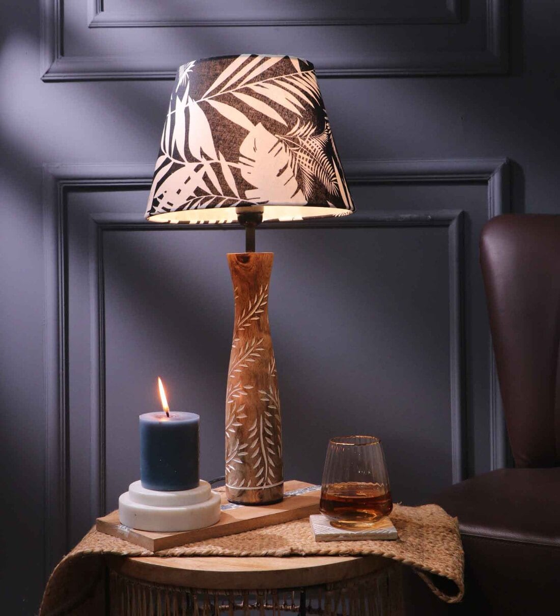 Buy Leaf Patterned E27 Holder Wooden Base Table Lamp (Brown Base) with ...