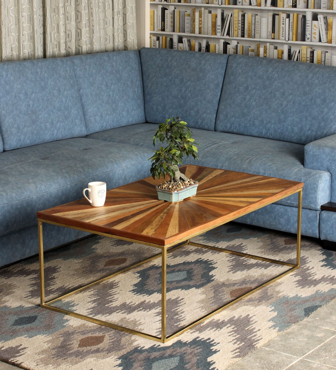 Buy Rayes Center Table with Natural Wood on Brass Finish Metallic Frame ...