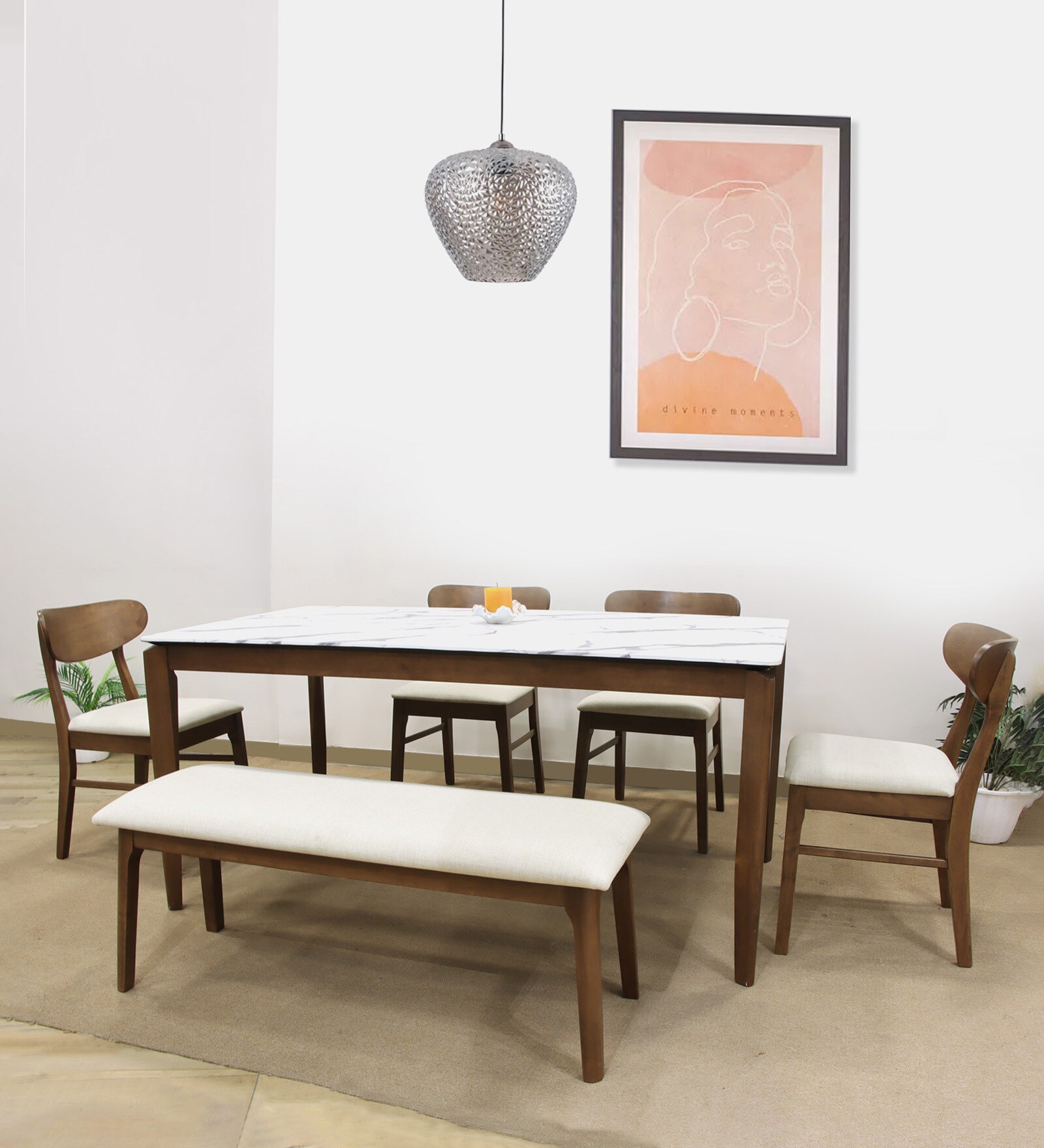 Buy Wondertop Solid Wood 6 Seater Dining Set In HDF Marble Finish with ...