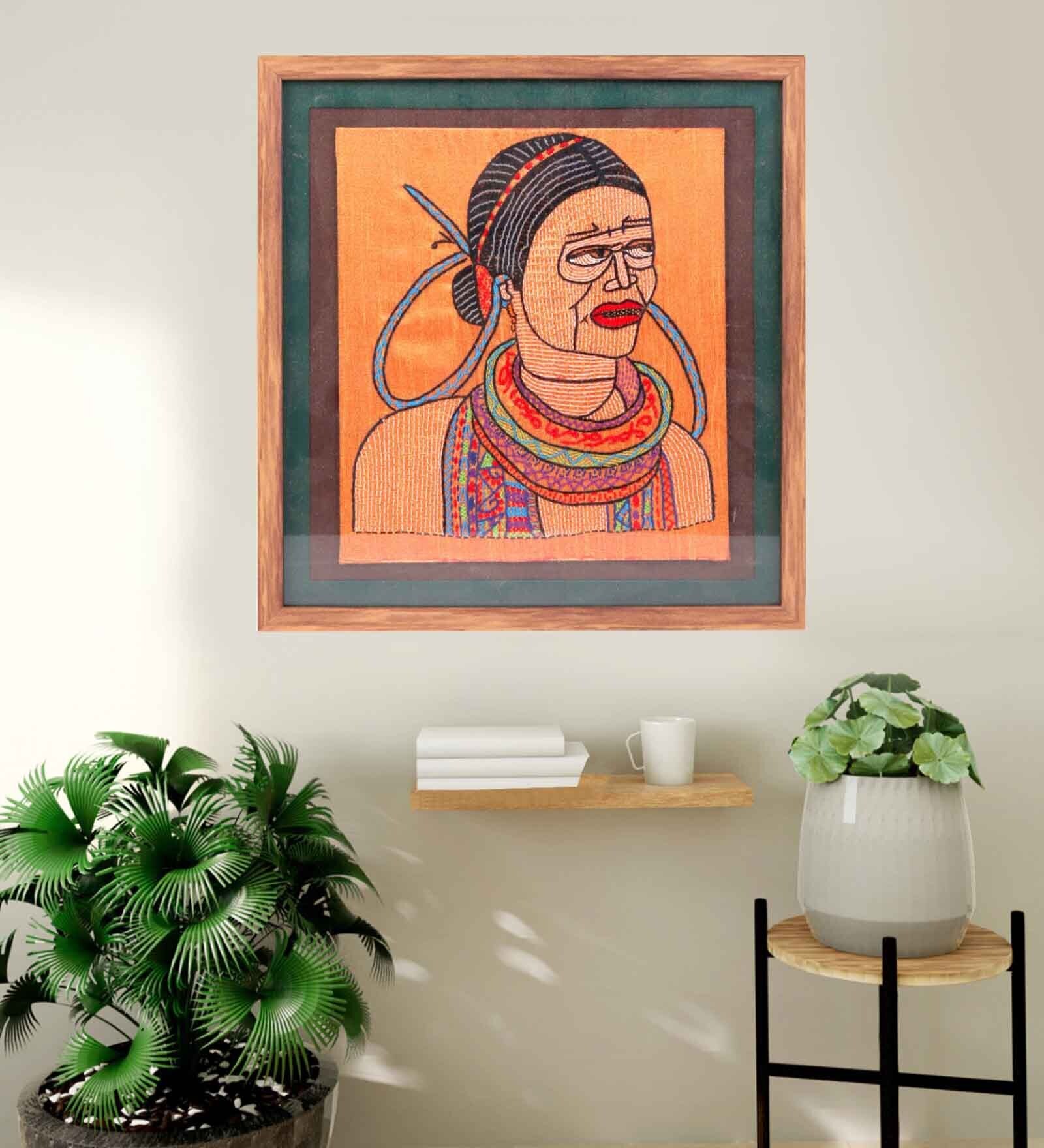 Buy Wood and Fabric Multicolour Embroidered Tribal Woman Art Print by ...