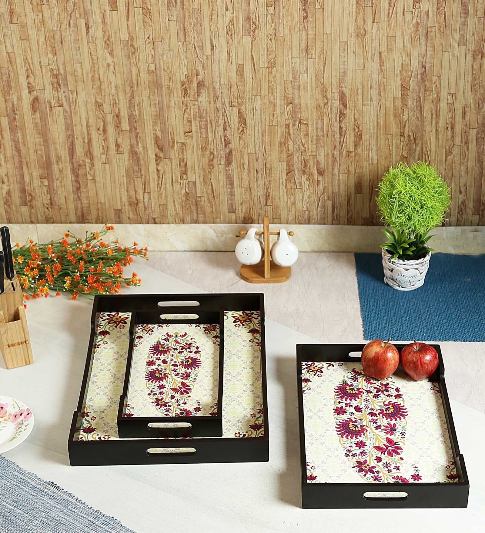 Buy Wooden Rectangle Serving Trays Set of 3 by Reinvention Factory at ...