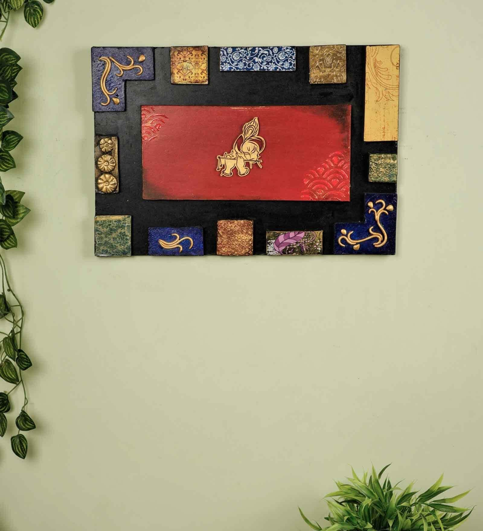 Buy Wooden 3D Handmade Rectangle Wall Art In Red With Krishna at 35% ...