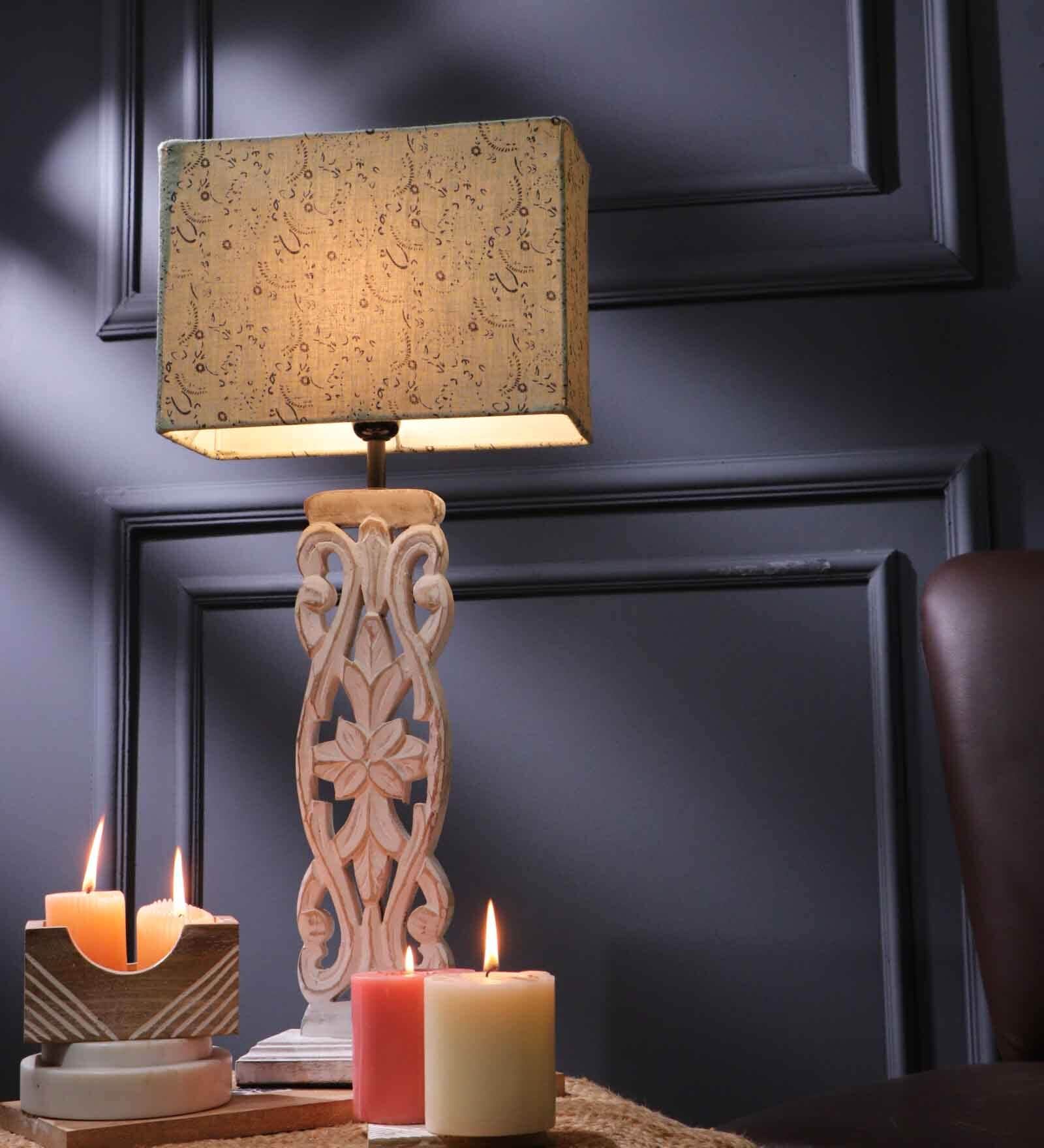 Buy Carved E27 Holder Wooden Base Table Lamp (White Base) with Fabric ...