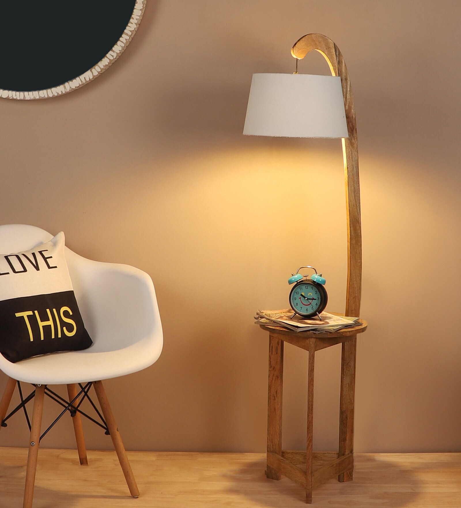 Buy Dynamic White Cotton Shade Shelf Floor Lamp With Mango wood Base at ...