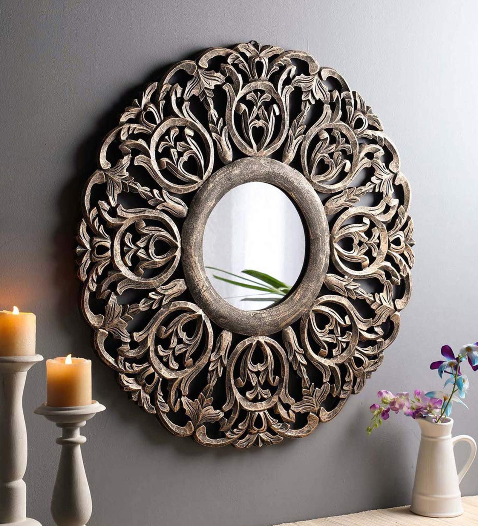 Buy Wooden Wall Mirror in Brown Colour at 10% OFF by Wood Decor City ...