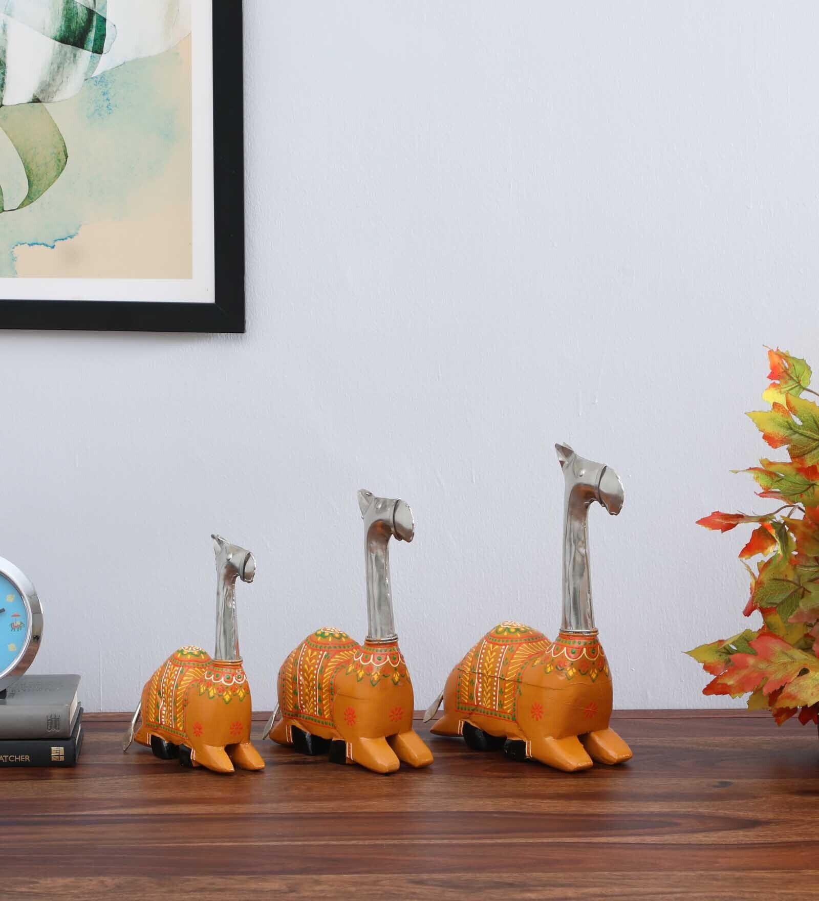 Buy Wooden Yellow And Silver Handpainted Camel (Set Of 3) Figurine at ...