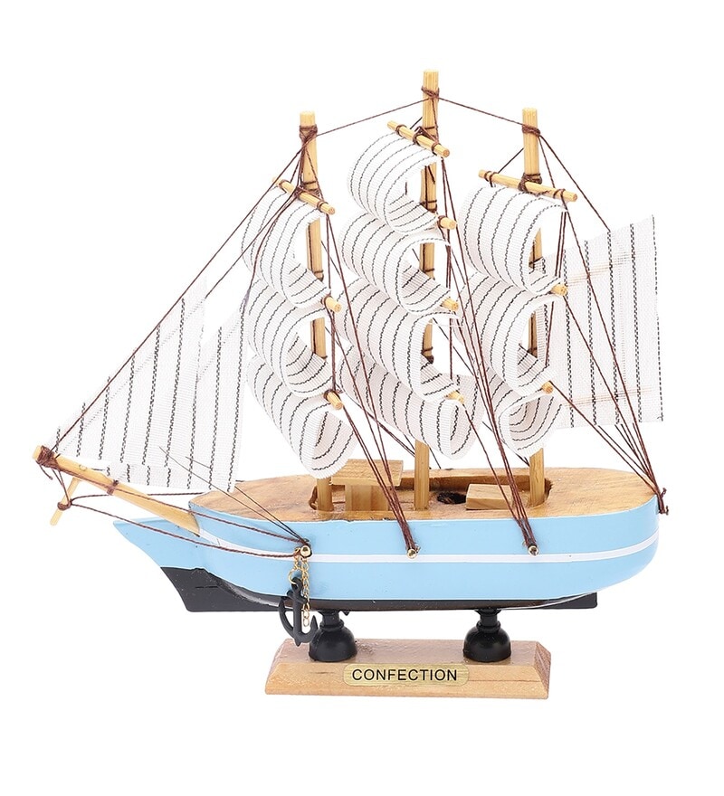 Buy Wooden 6.5 inches Sky Blue and Black Sailing Ship Showpiece by Exim ...