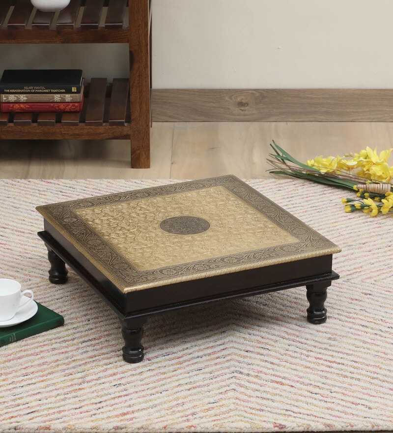 Buy Wooden Brass Fitted Chowkie In Brown By Padmavati Art Creations ...