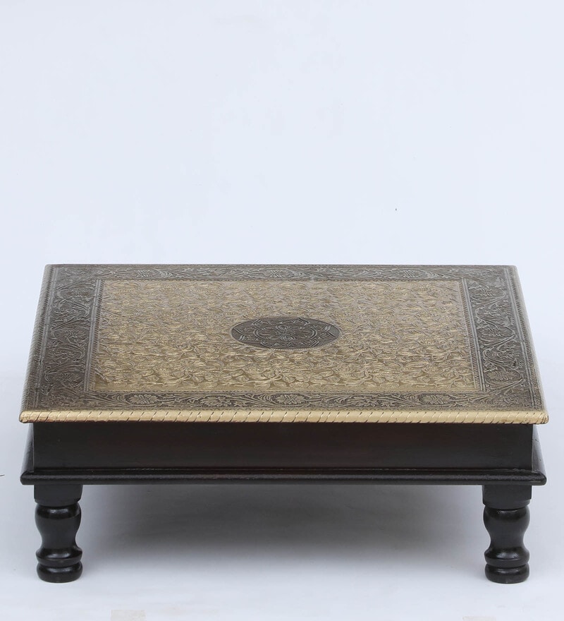 Buy Wooden Brass Fitted Chowkie In Brown By Padmavati Art Creations ...