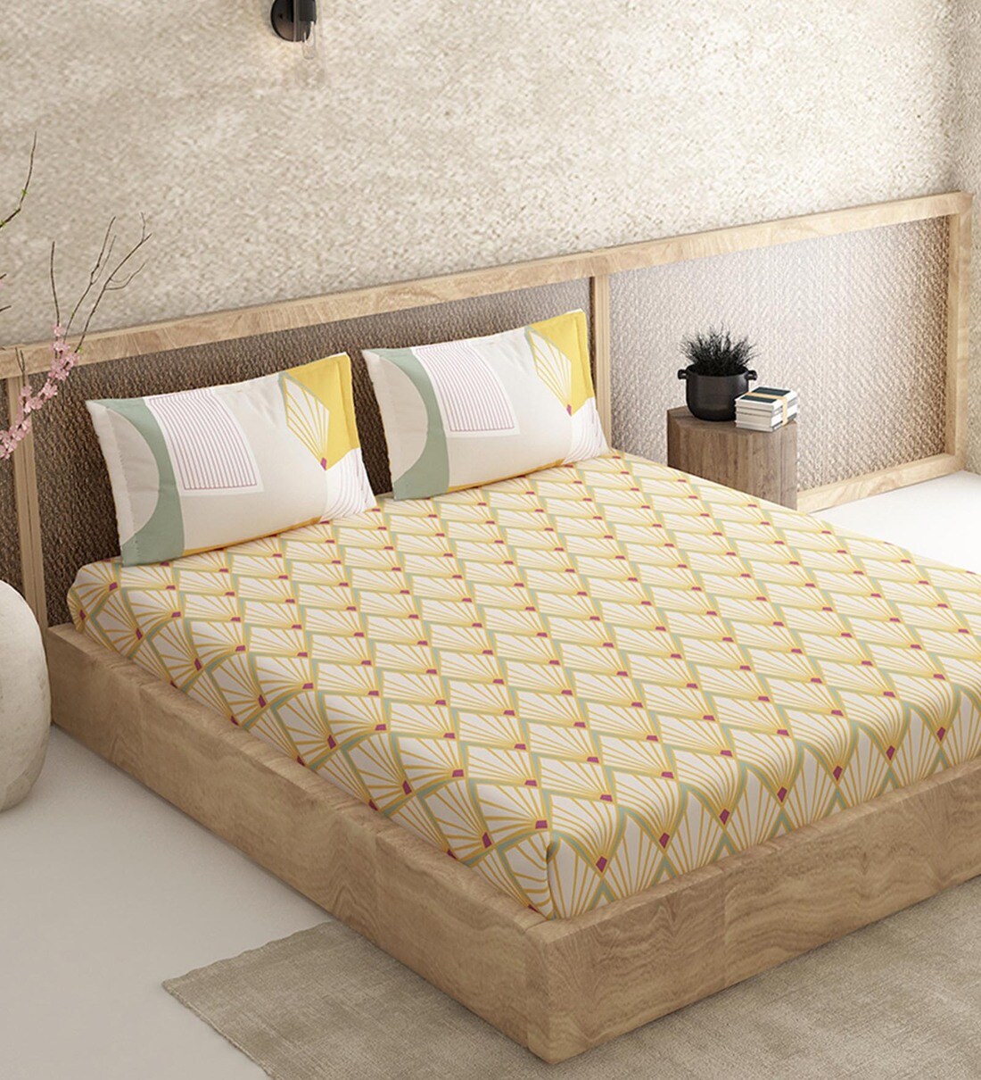 Buy Yellow Abstract 120 TC 100% Cotton Queen Sized Bed Sheets with 2 ...
