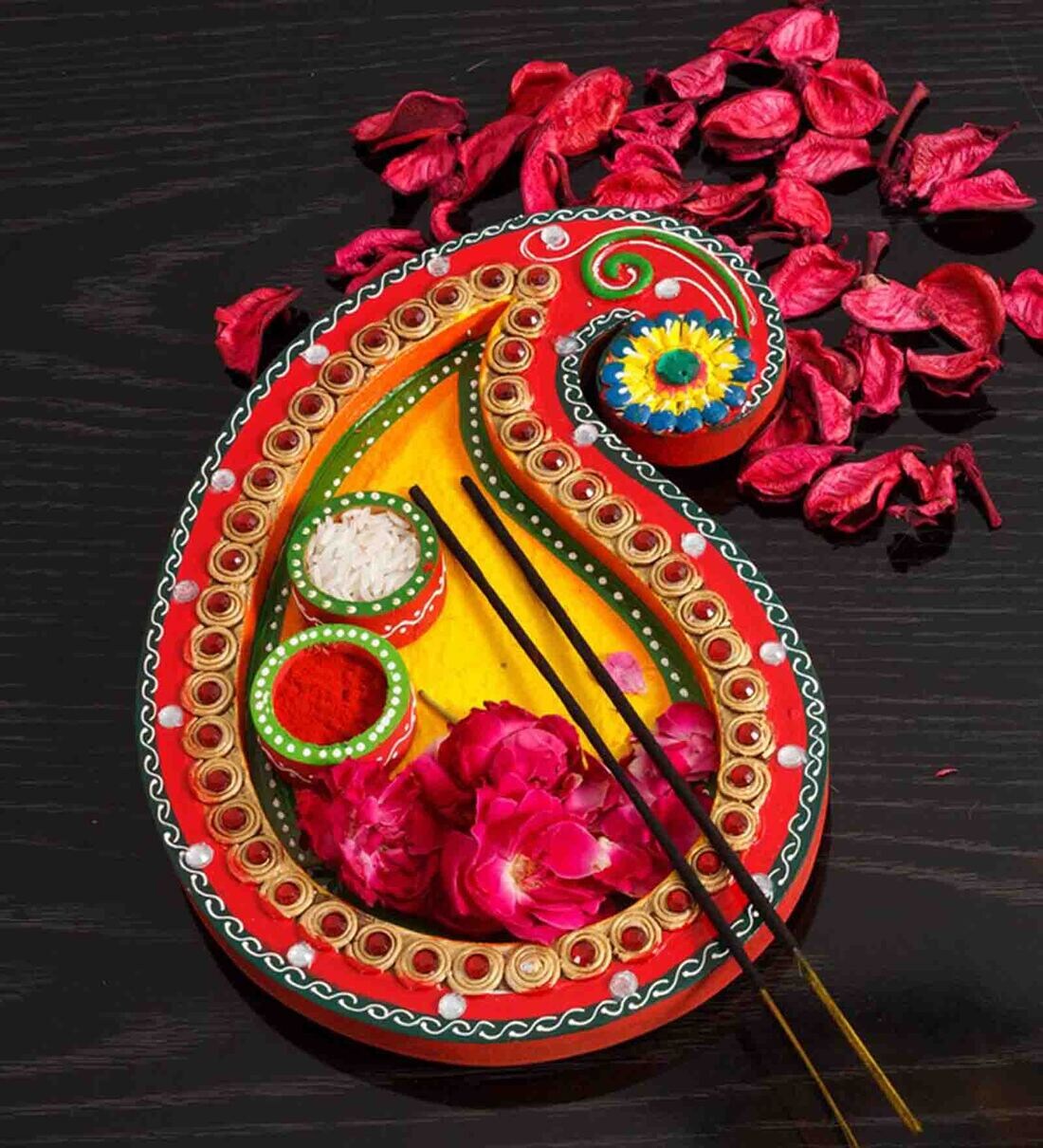 Buy Yellow Paper Mache Keri Design Multiutility Pooja Thali By ...