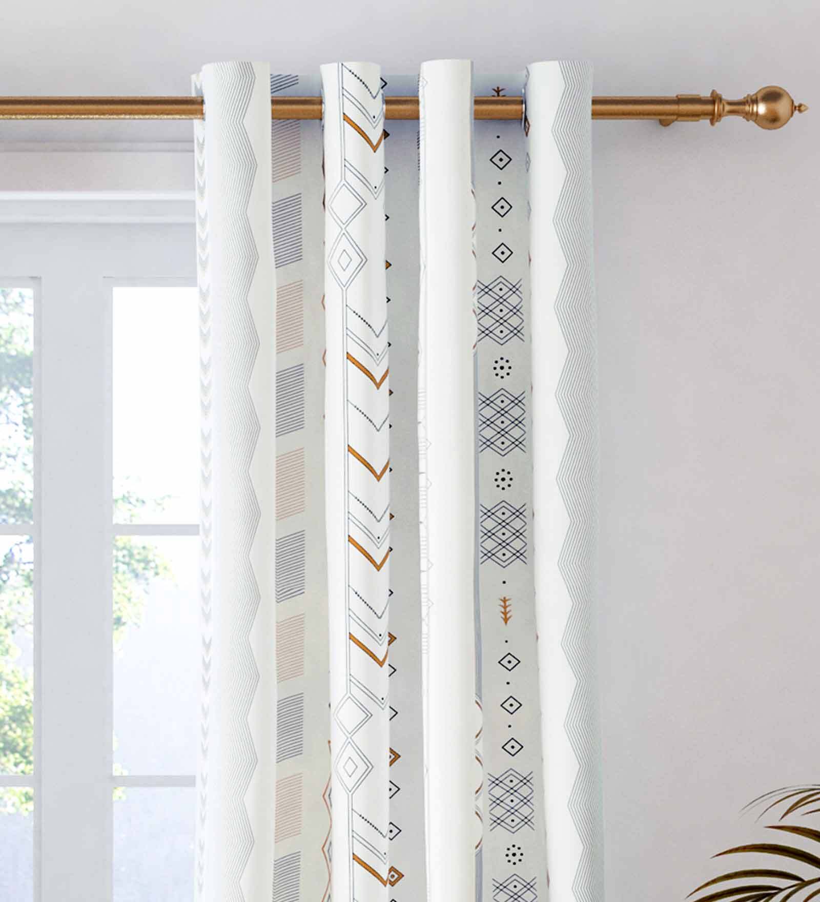 Buy Yellow Geometric 100% Cotton 5 Ft Blackout Eyelet Window Curtain by ...