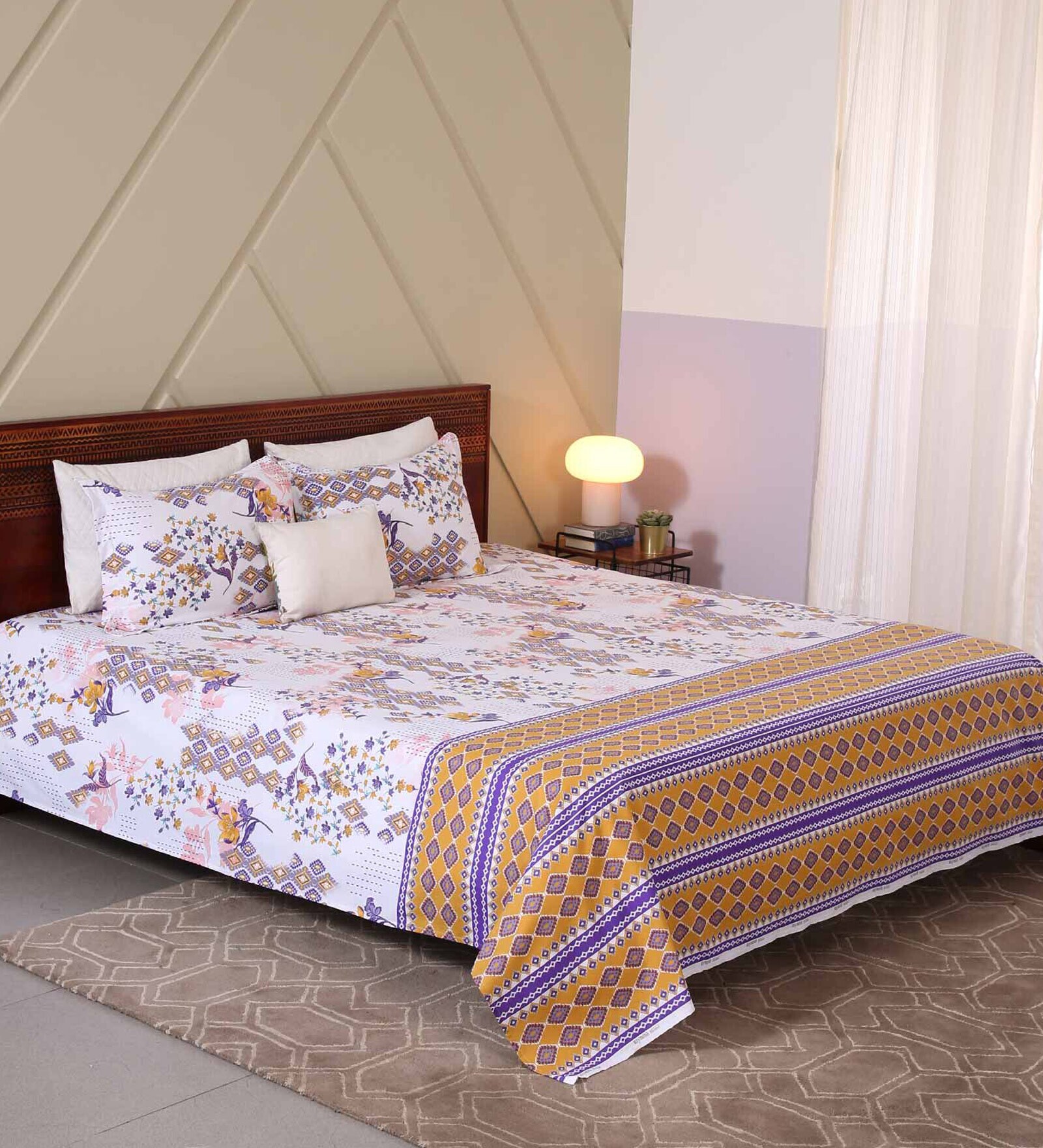 Buy Yellow Floral 120 TC Cotton King Sized Bed Sheets with 2 Pillow ...