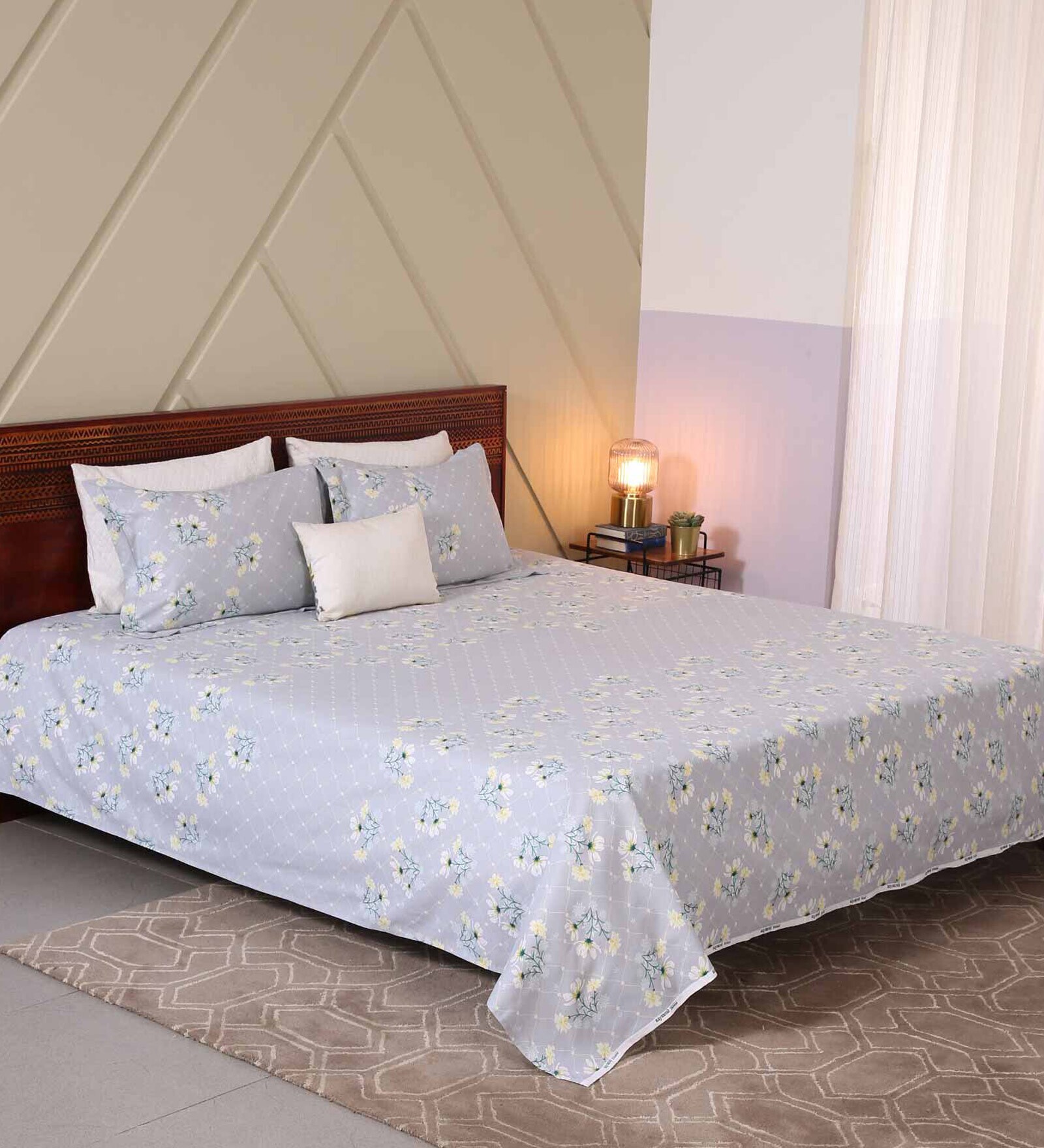 Buy Yellow Floral 120 TC Cotton King Sized Bed Sheets with 2 Pillow ...