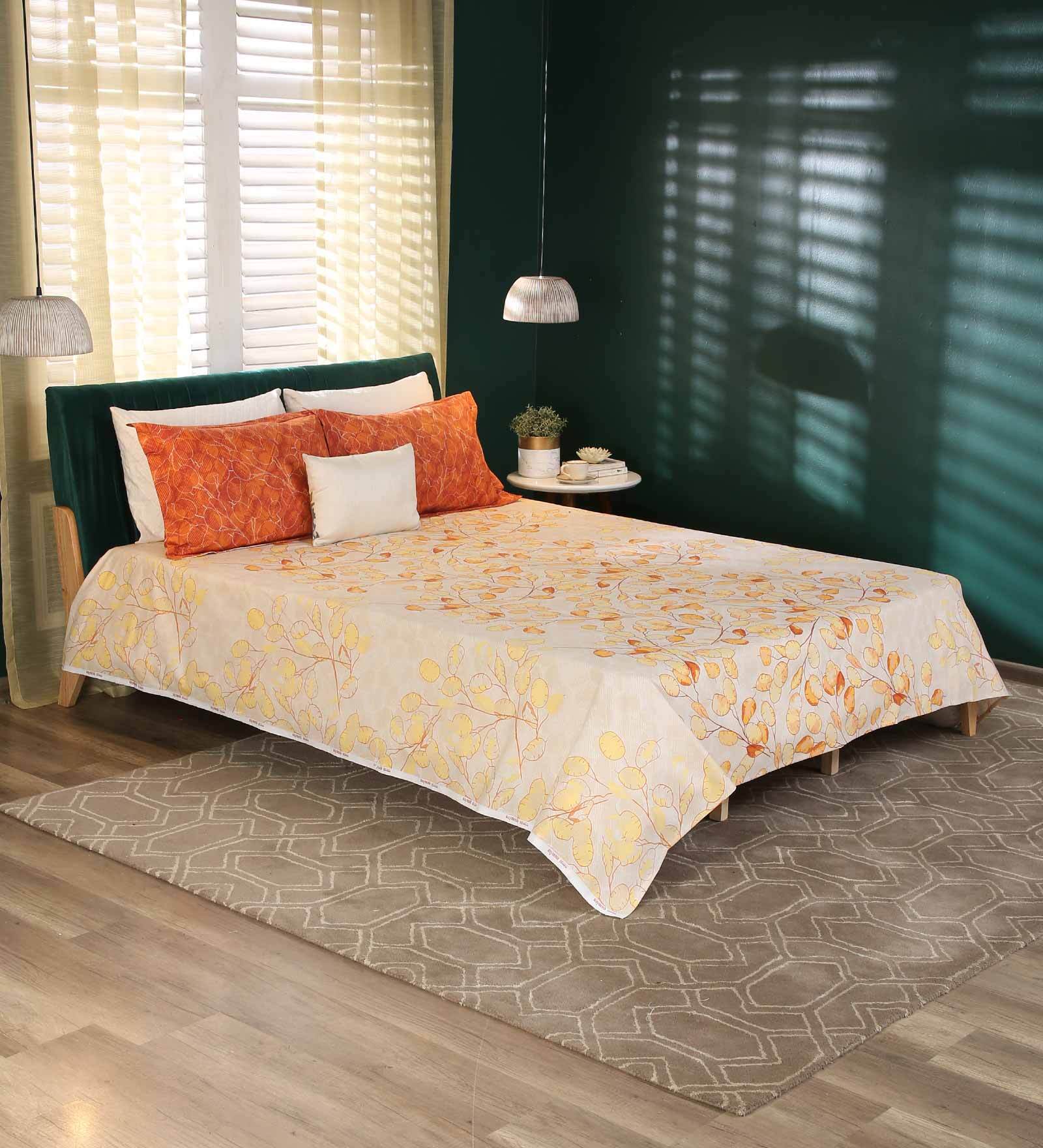 Buy Yellow Floral 120 TC Cotton Queen Sized Bed Sheets with 2 Pillow ...