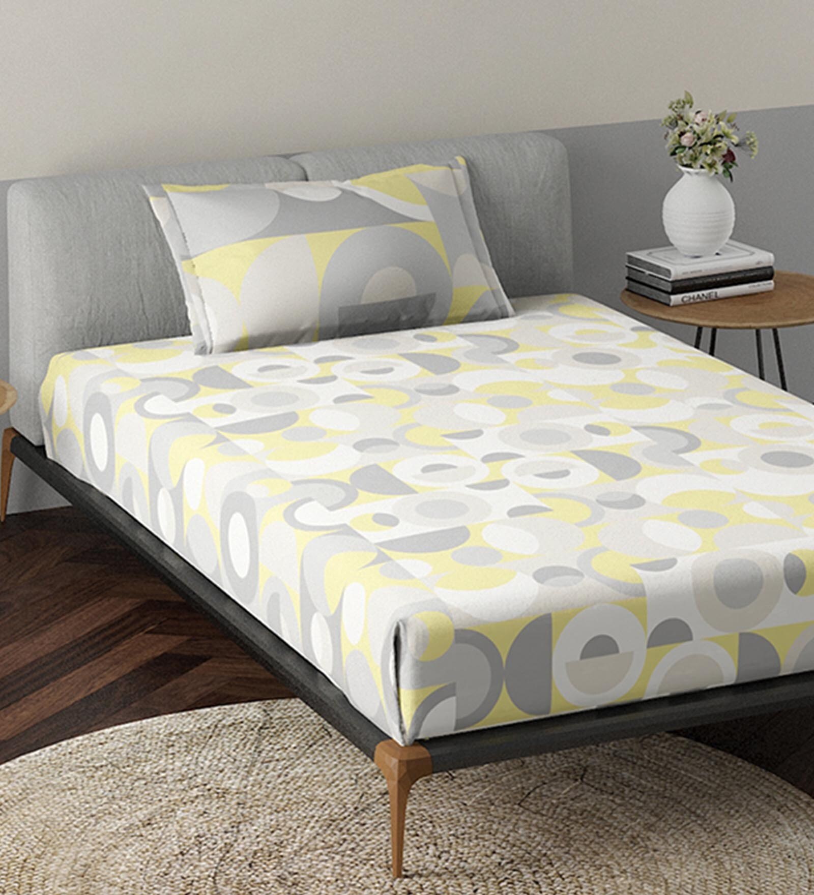 Buy Yellow Abstract 144 TC 100% Cotton Single Bed Sized Bed Sheets With ...