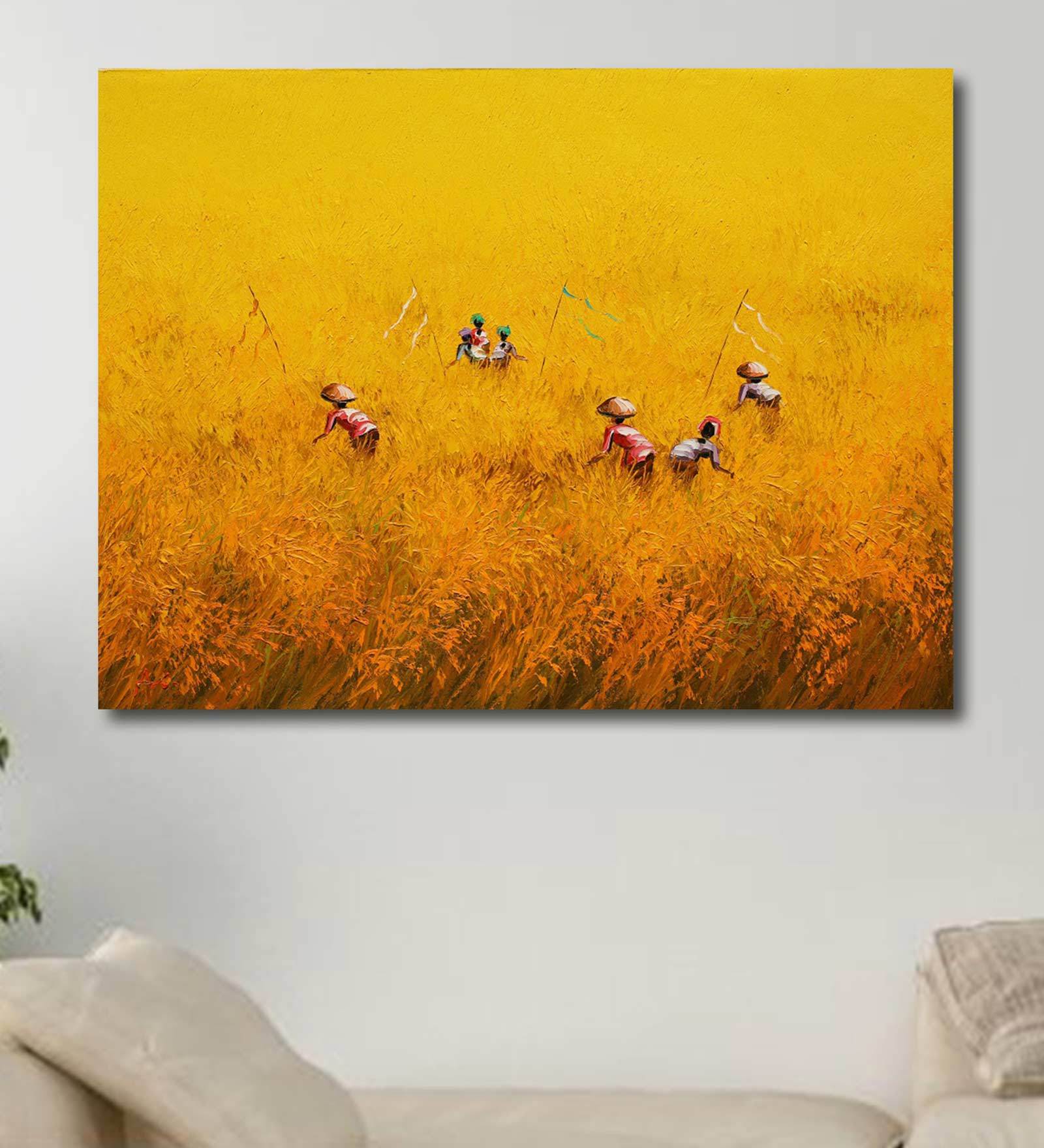 Buy Yellow Acrylic Canvas Harvesting Paddy Field Unframed Original ...