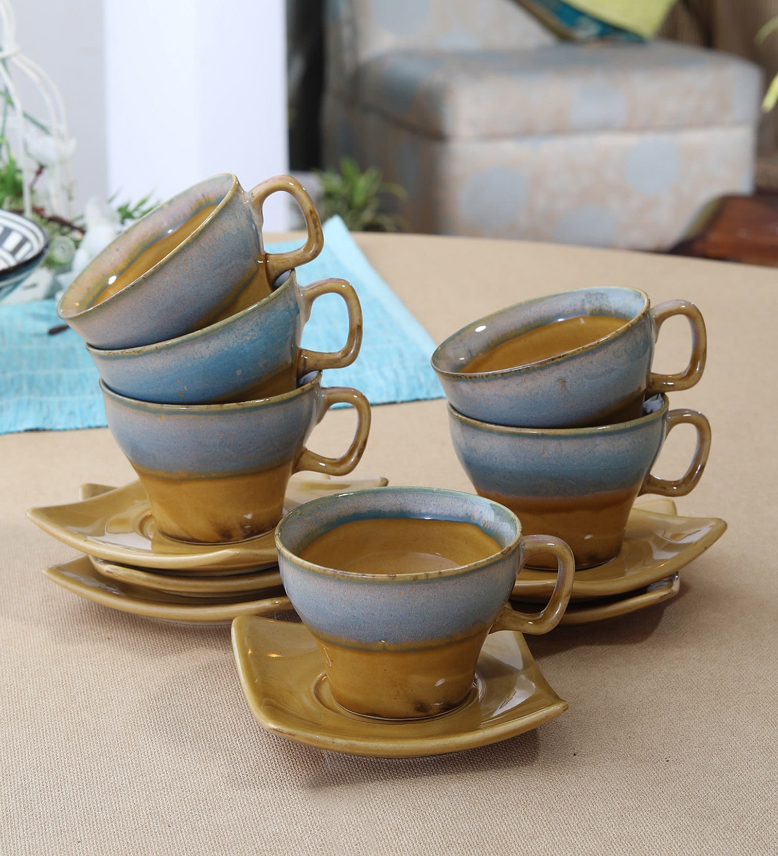 Buy 120 ML Yellow Ceramic Cups & Saucers Set of 6 by Miah Decor Online ...