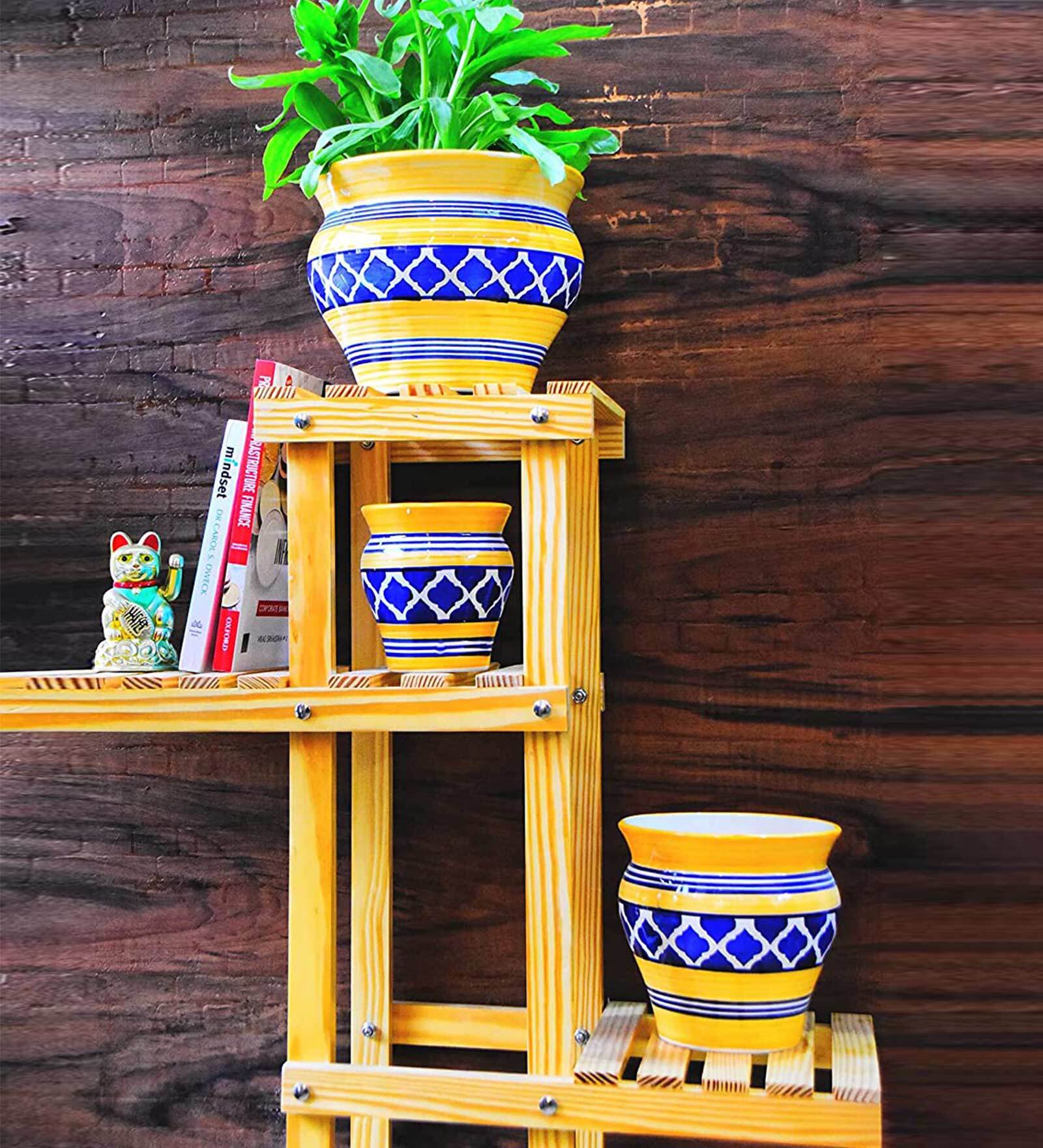 Buy Yellow Ceramic Shiny Handi Shape Floor Planter, Set Of 3 at 16% OFF ...