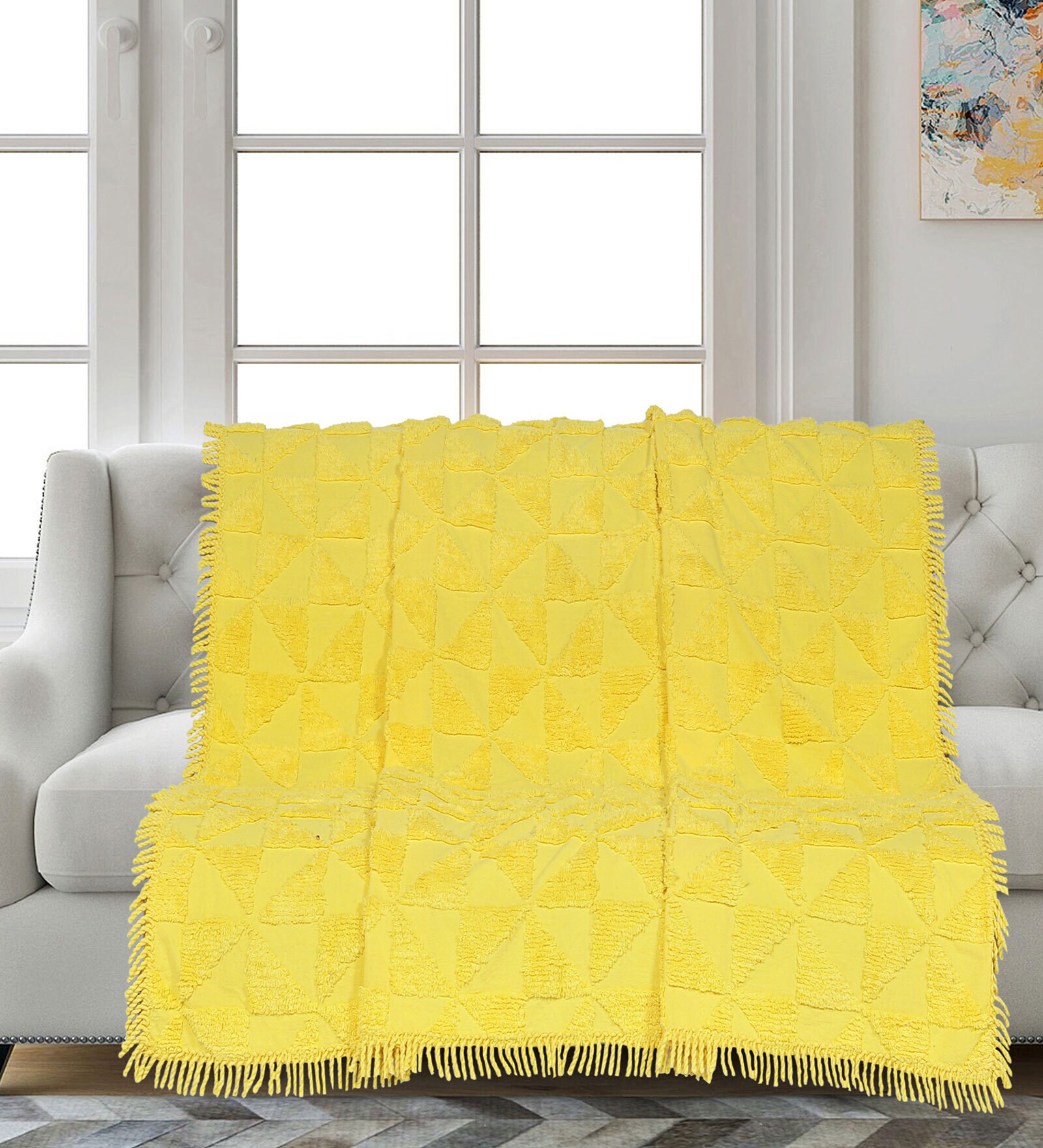 Buy Yellow Cotton Geometric 63X55 Inch Machine Tufted Throw by Saral ...