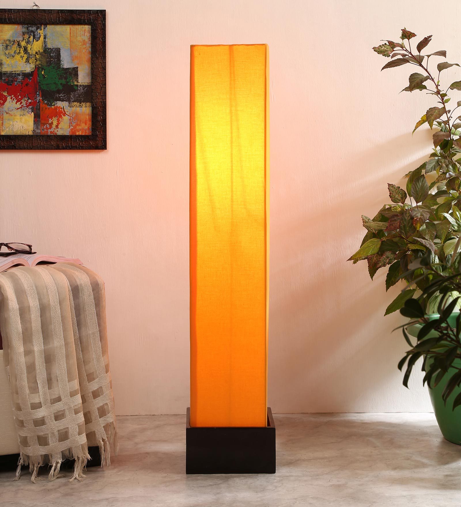 Buy Rhombus Yellow Cotton Shade Column Floor Lamp With Wood Base By New ...