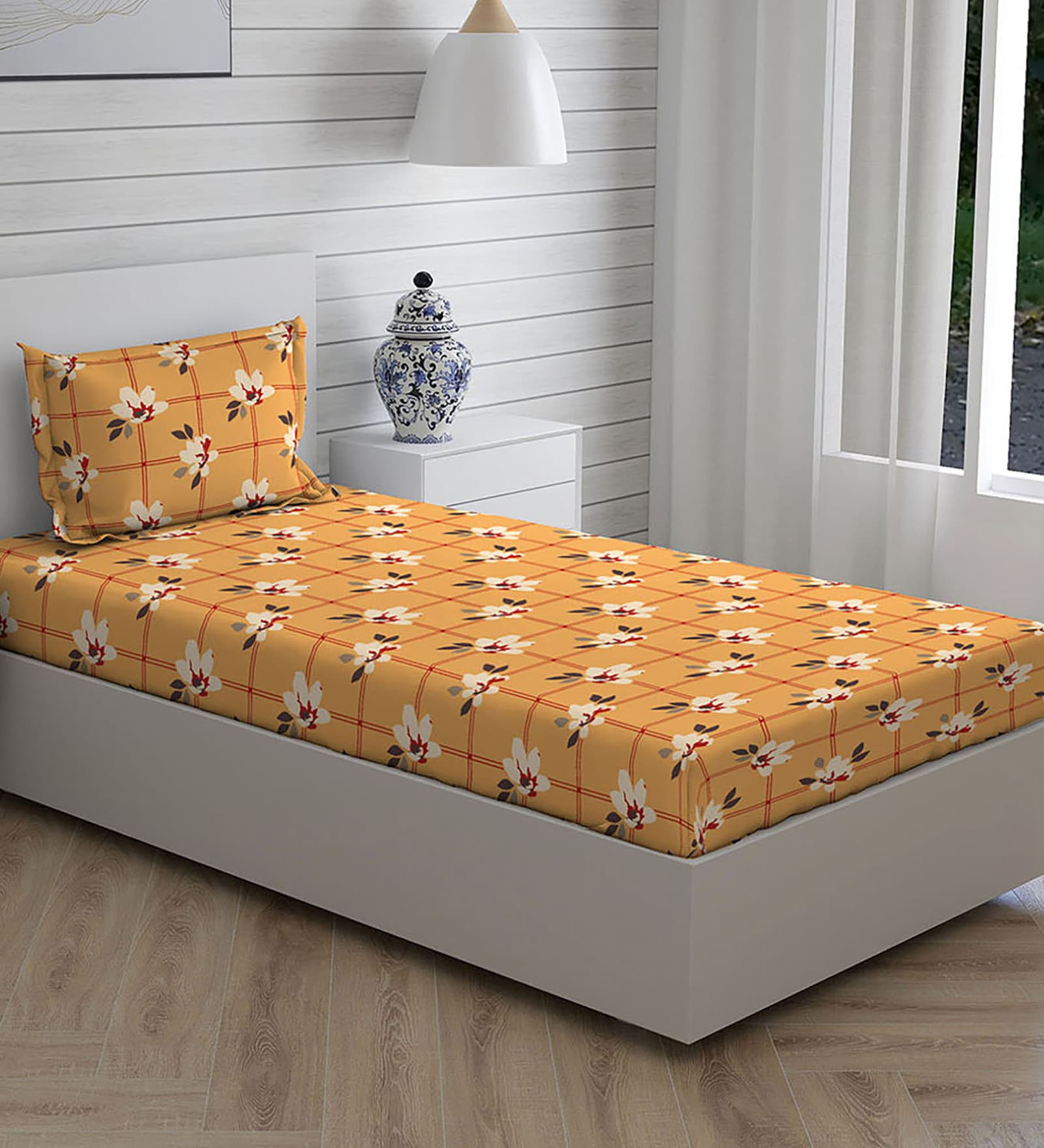Buy Yellow Floral 104 TC Cotton Single Bed Sized Bed Sheets With 1 ...