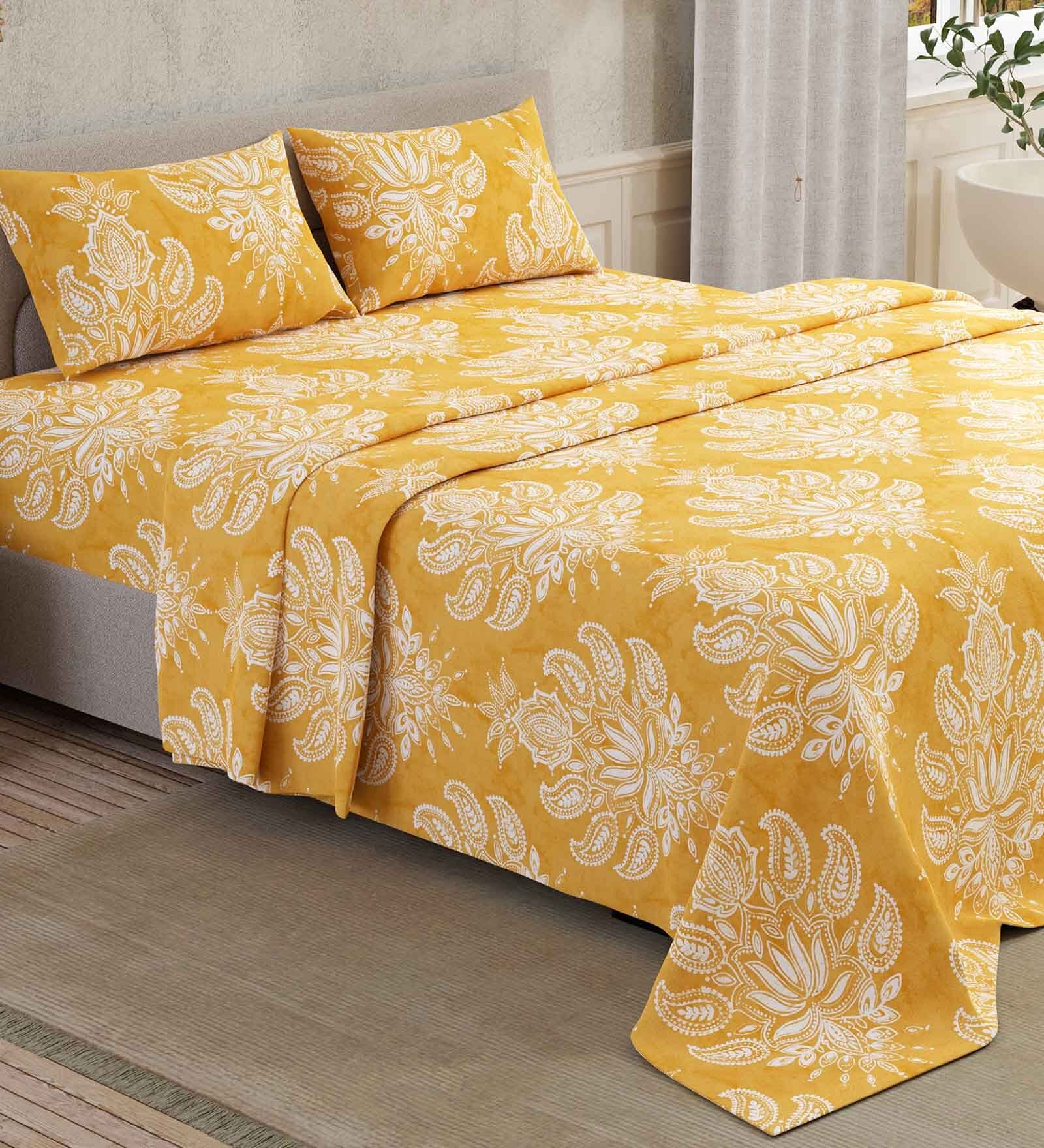 Buy Yellow Floral 200 TC 100% Cotton Queen Size Bed Sheets with 2 ...