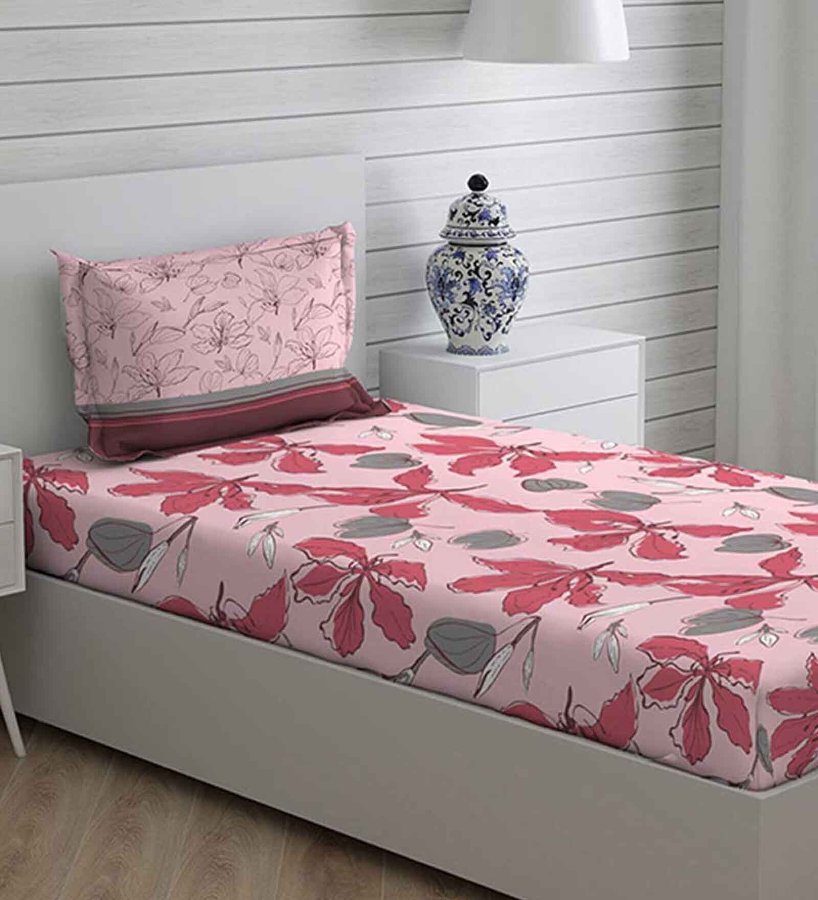Buy Pink Floral 225 TC Cotton Single Bed Sized Bed Sheets with 2 Pillow ...