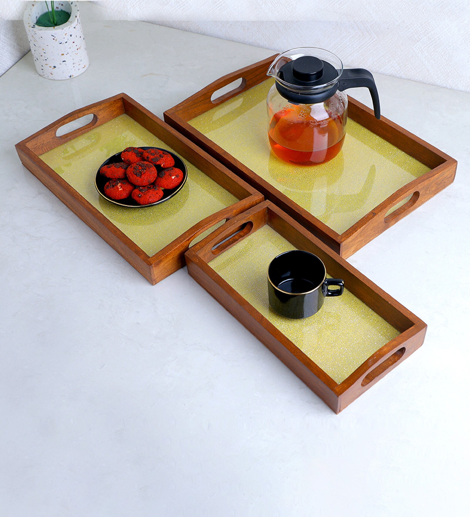 Buy Besuited Yellow Handcrafted Wood & PVC (Set of 3) Serving Trays at ...