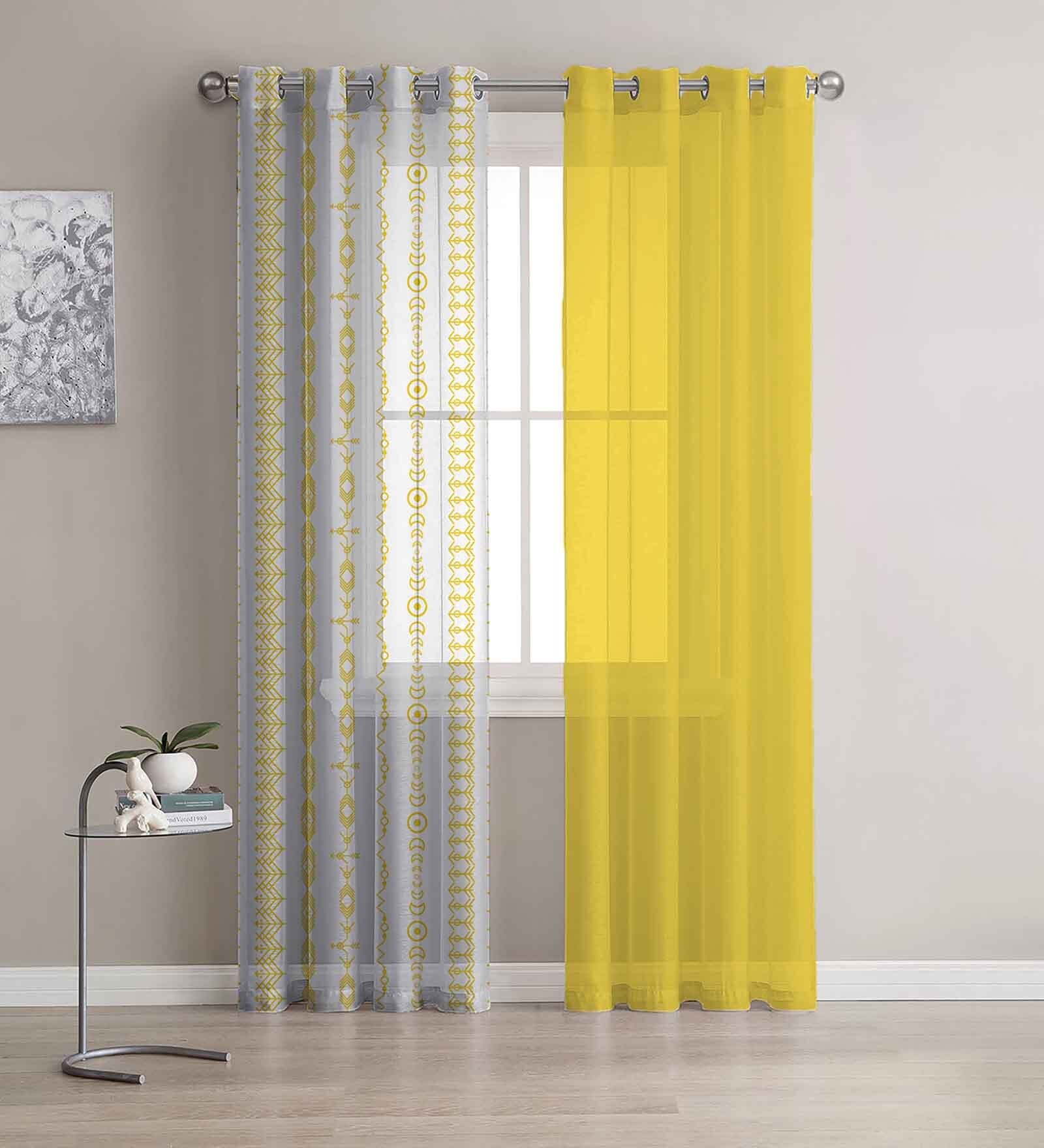 Buy Yellow Linen Geometric 4ft Sheer Eyelet (Set of 2) Window Curtains ...