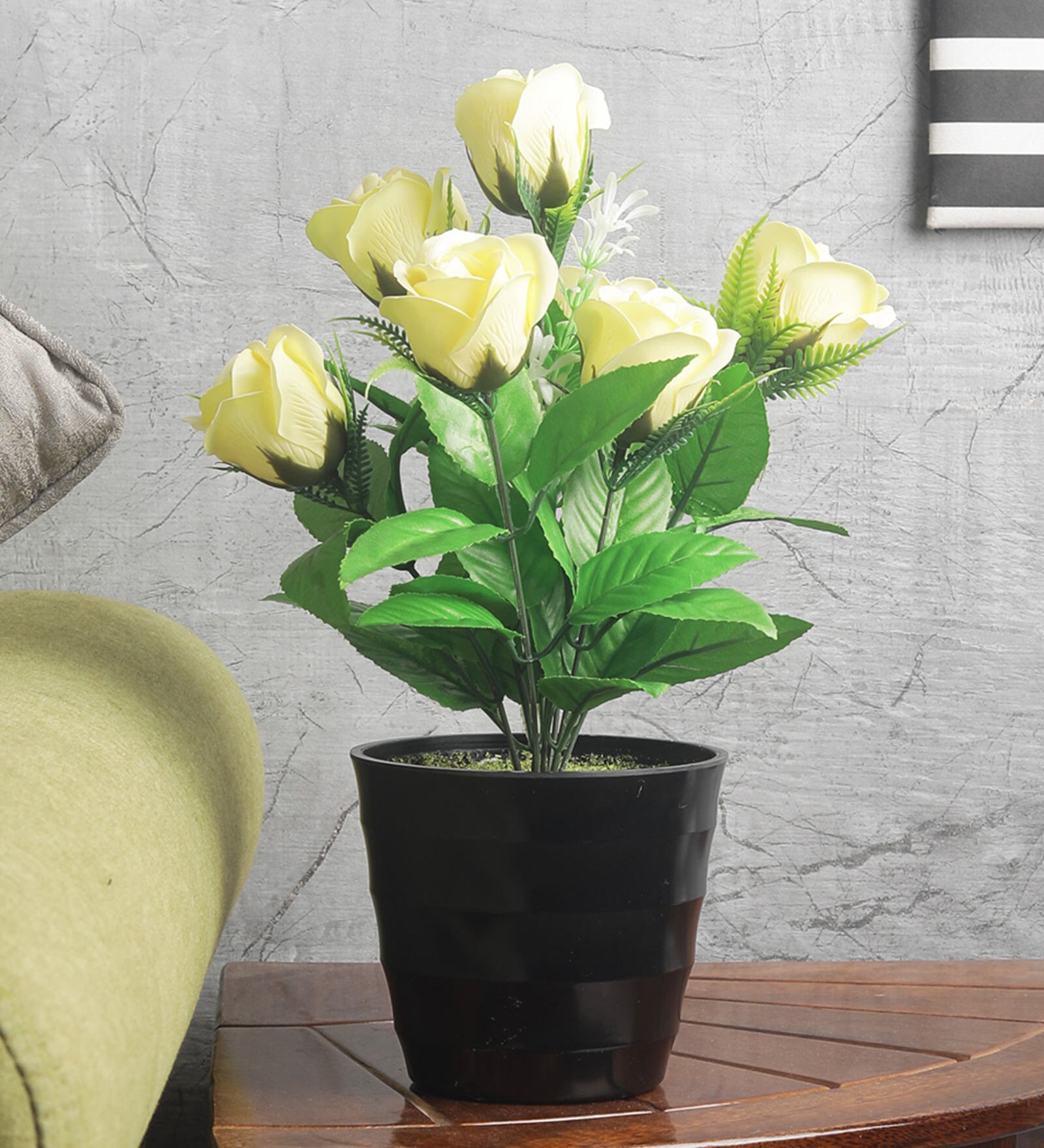 Buy Yellow Plastic And Polyester Blend 7 Roses Artificial Plant With ...