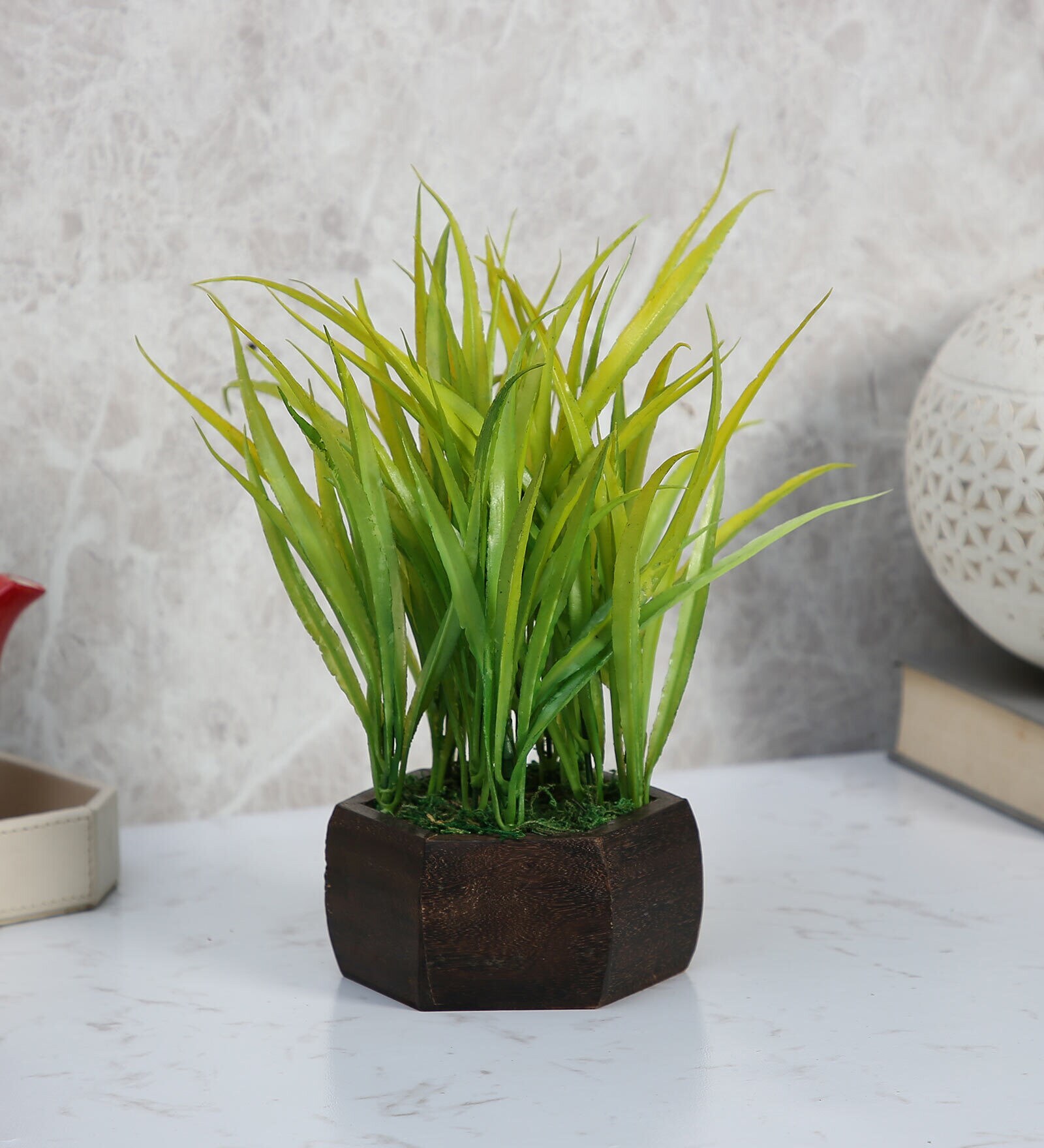 Buy Yellow Polyester Yucca Green Artificial Plant With Wooden Pot by ...