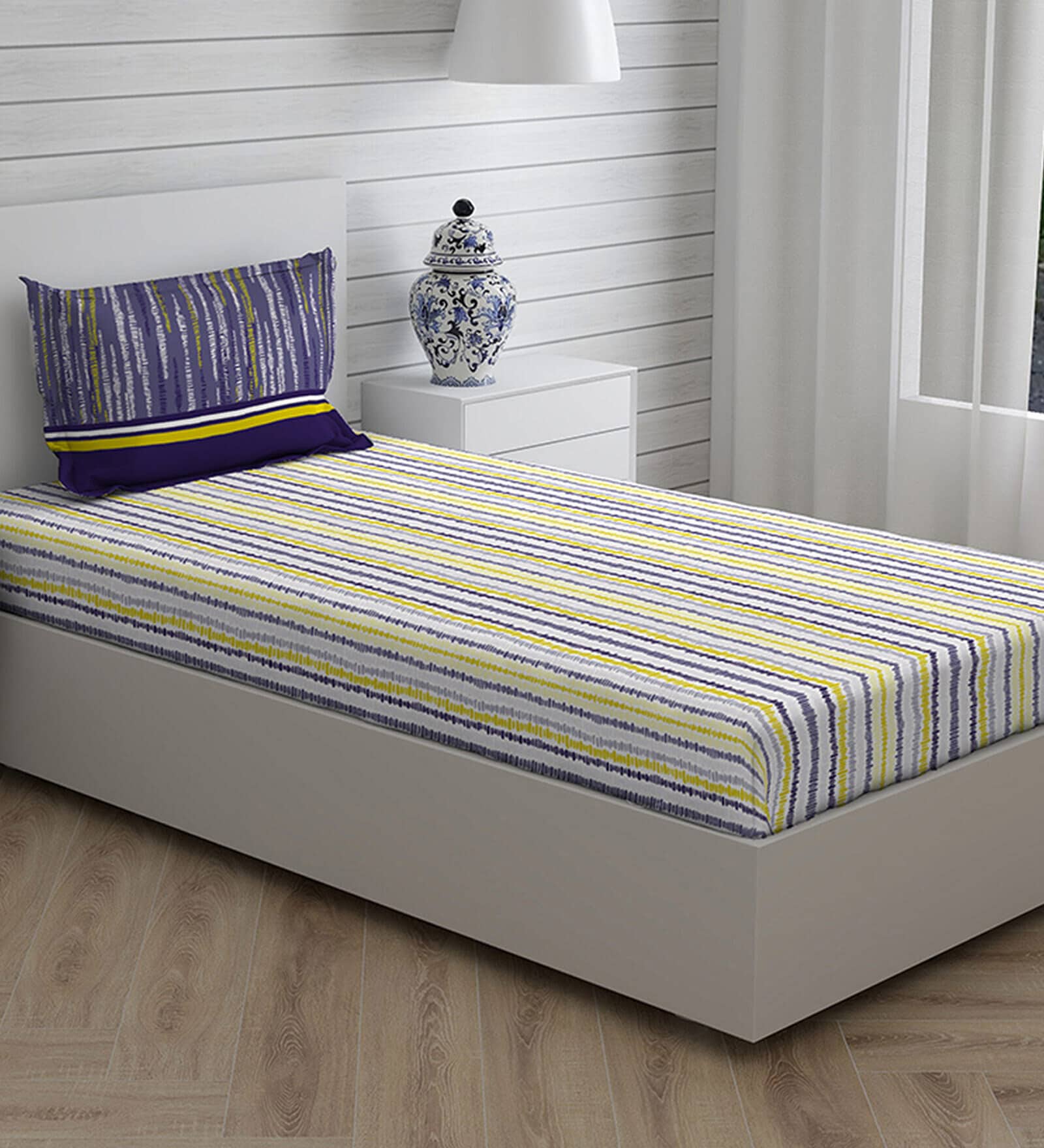 Buy Yellow Striped 120 TC Cotton Single Bed Sized Bed Sheets With 1 ...