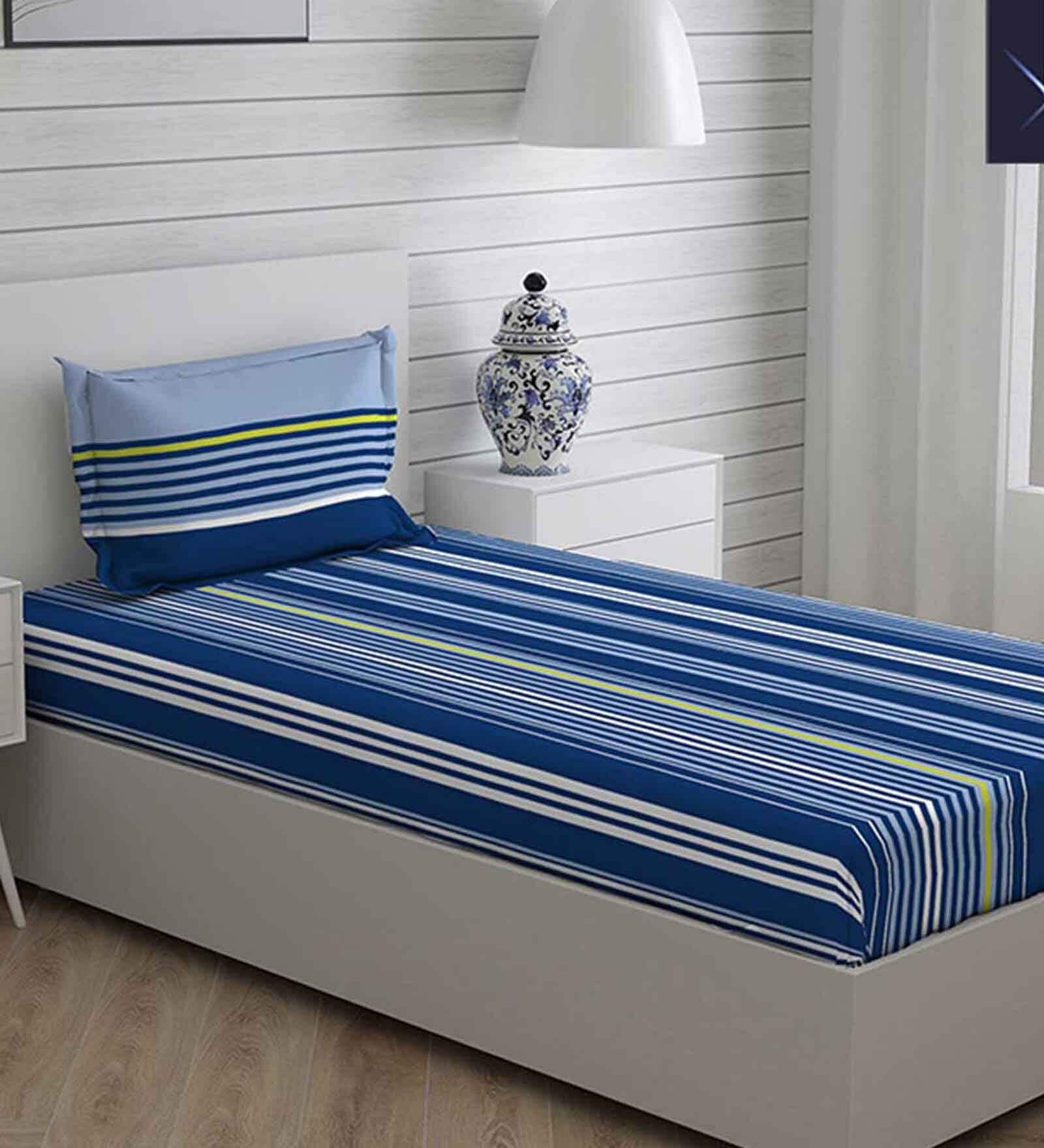 Buy Blue Striped 225 TC Cotton Single Bed Sized Bed Sheets with 2 ...