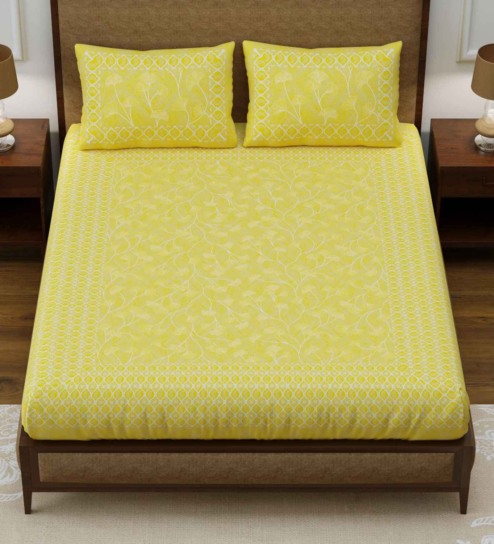Buy Yellow Floral 144 Tc 100 Cotton King Sized Bed Sheets With 2
