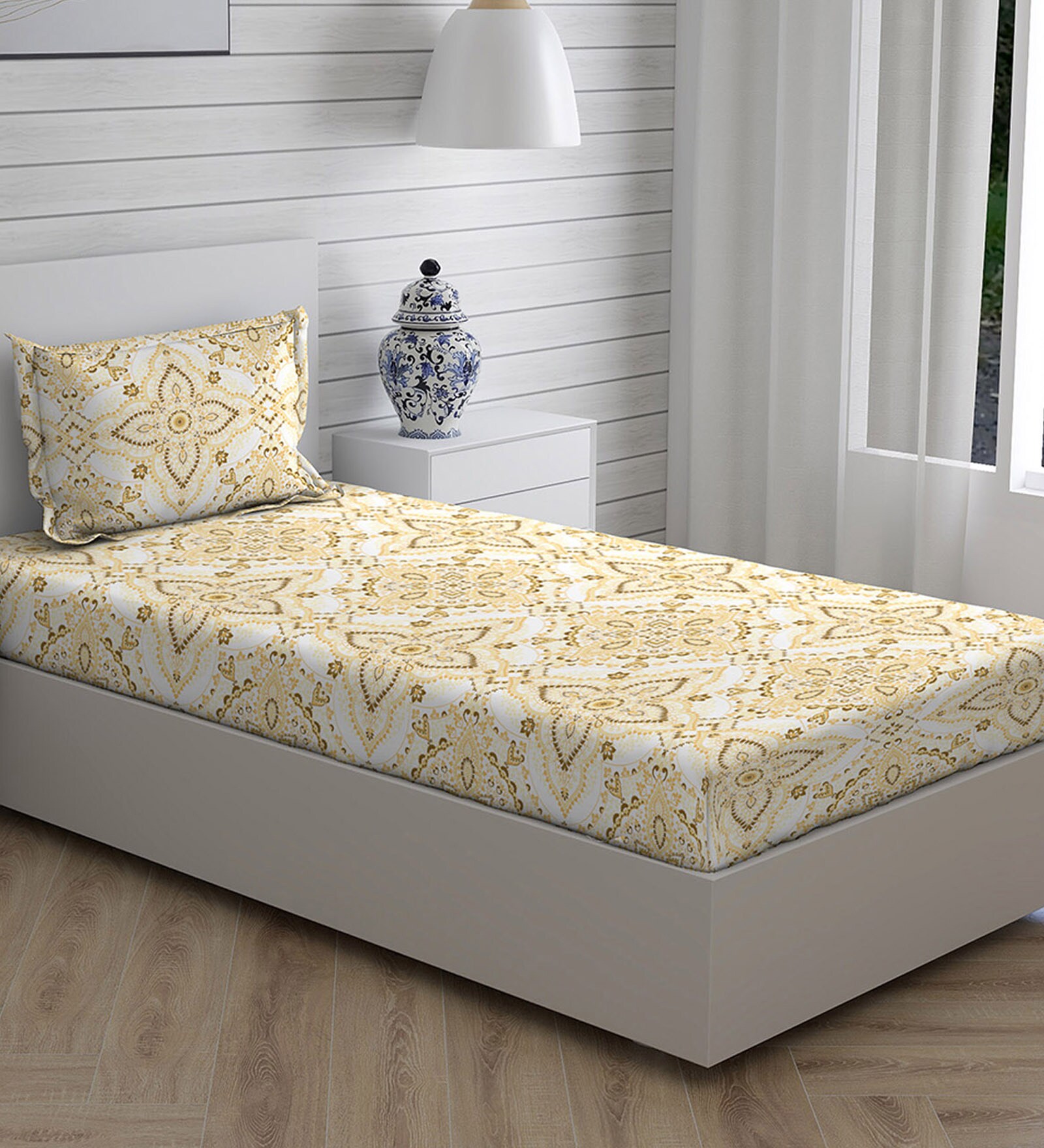 Buy Yellow Traditional 160 TC Cotton Single Bed Sized Bed Sheets With 1 ...