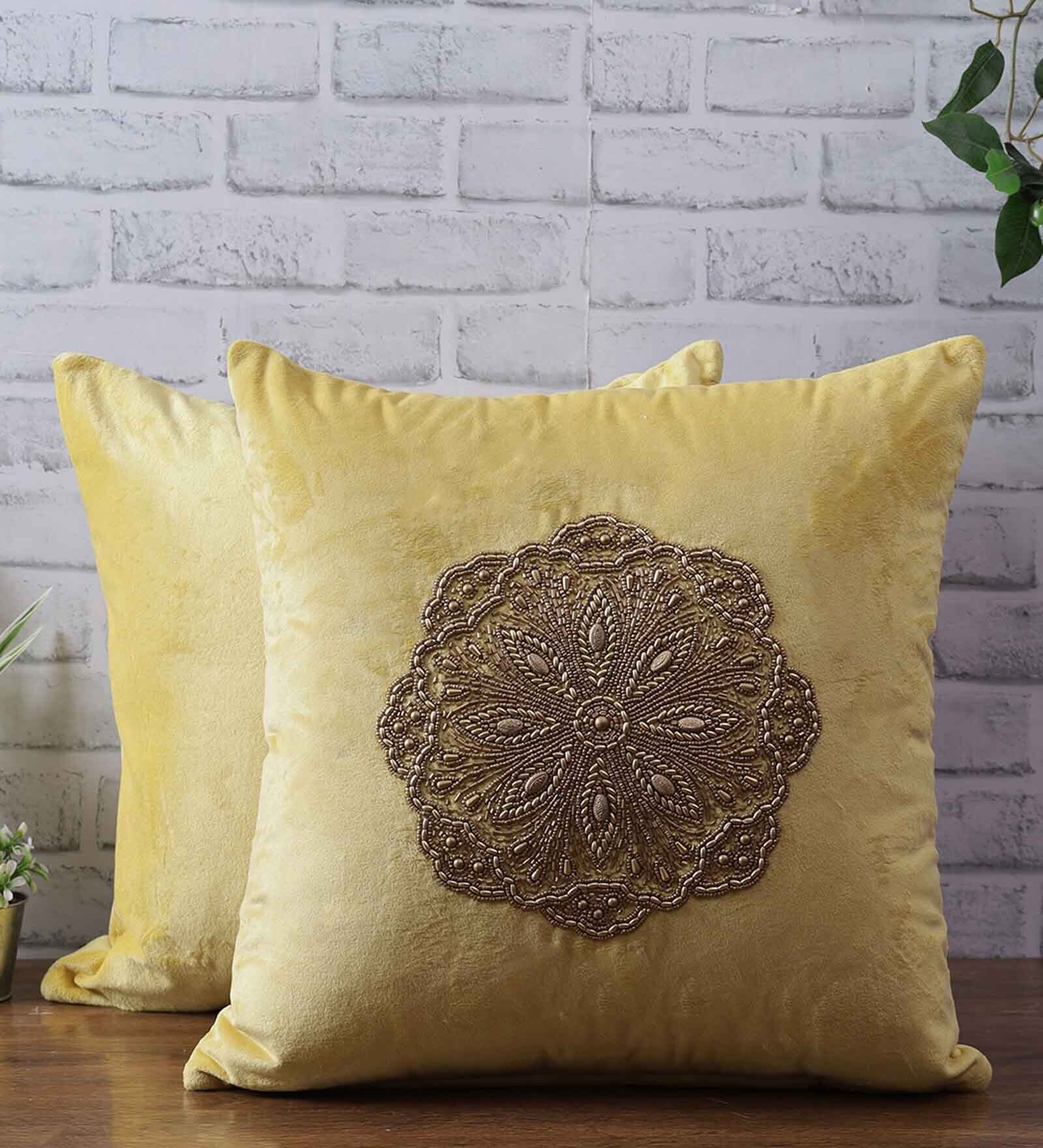 Buy Yellow Velvet Textured 18x18 inches Cushion Covers (Pack of 2) at ...