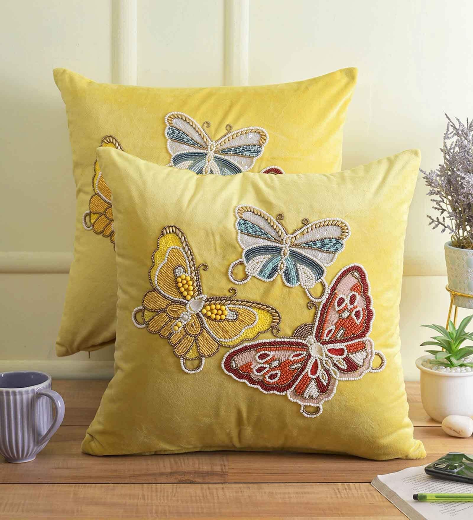 Buy Yellow Velvet Textured 18x18 inches Cushion Covers (Pack of 2) at ...