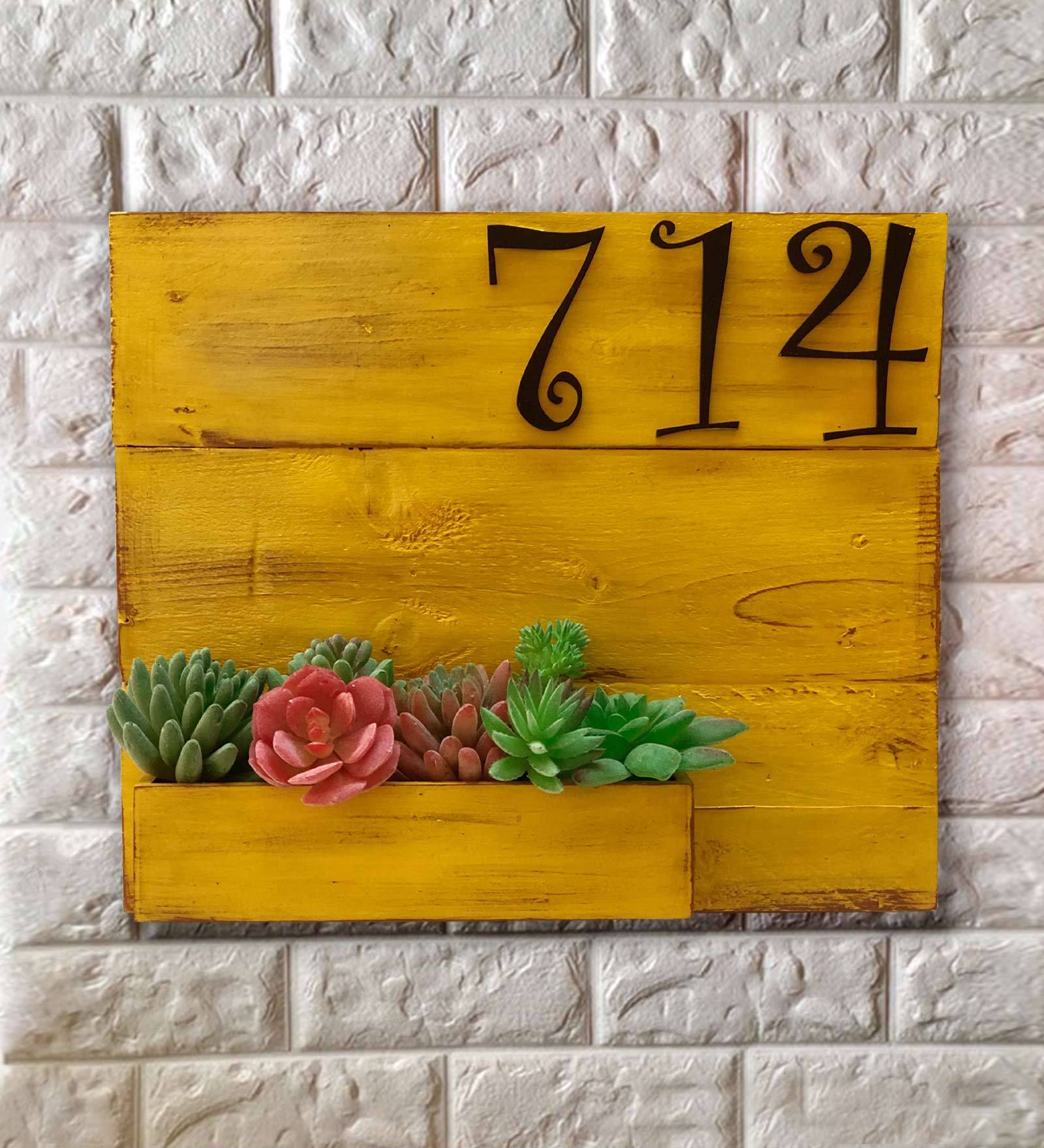 Buy Yellow Wood Name Plate Number Plate Rustic Yellow With Planter By ...