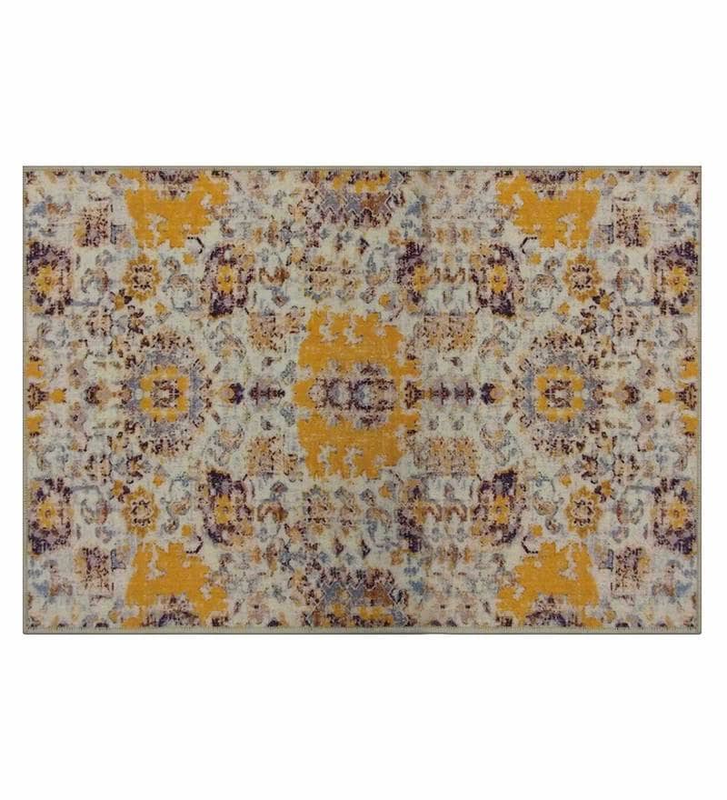 Buy Yellow Abstract Polyester 5 ft x 7 ft Machine Made Carpet by Status ...