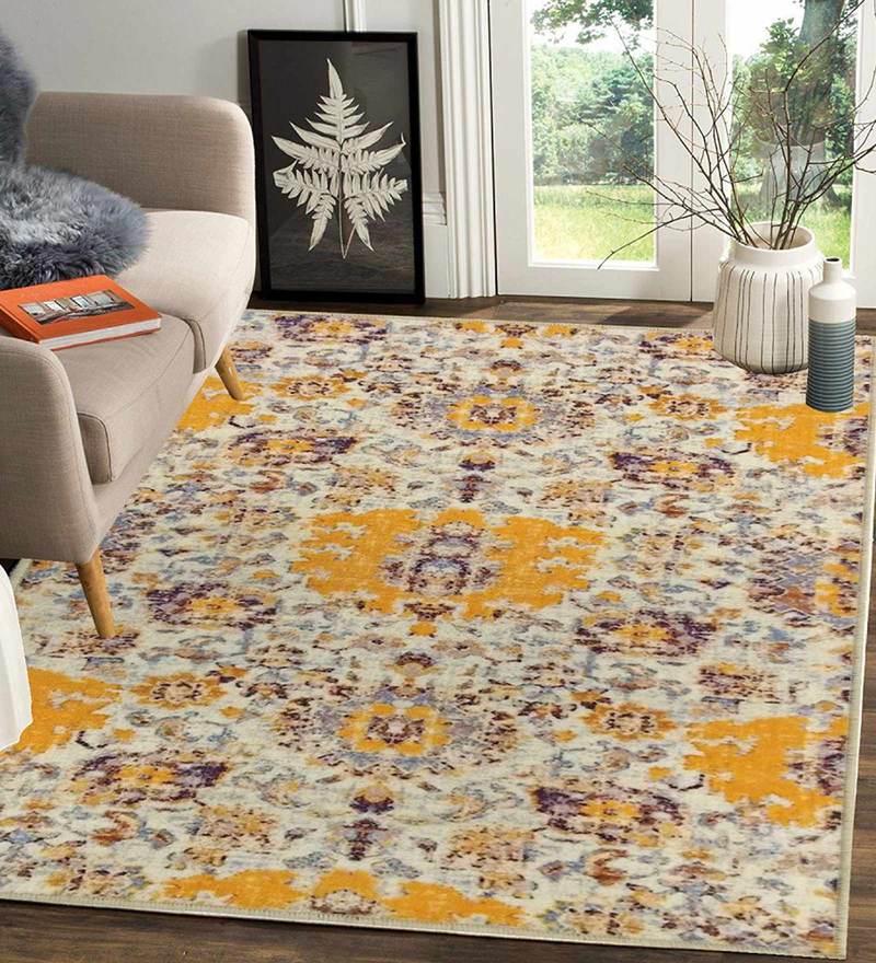 Buy Yellow Abstract Polyester 5 ft x 7 ft Machine Made Carpet by Status ...
