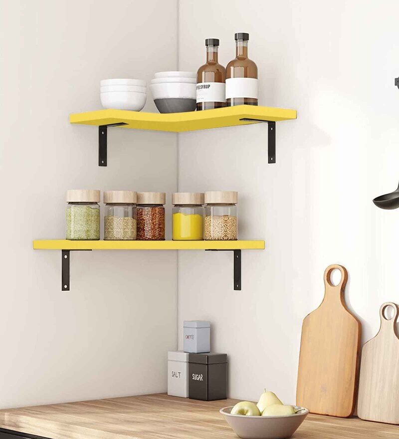 Buy Yellow Wood & Metal Wall Shelf (Set of 2) By Craft Center Online ...