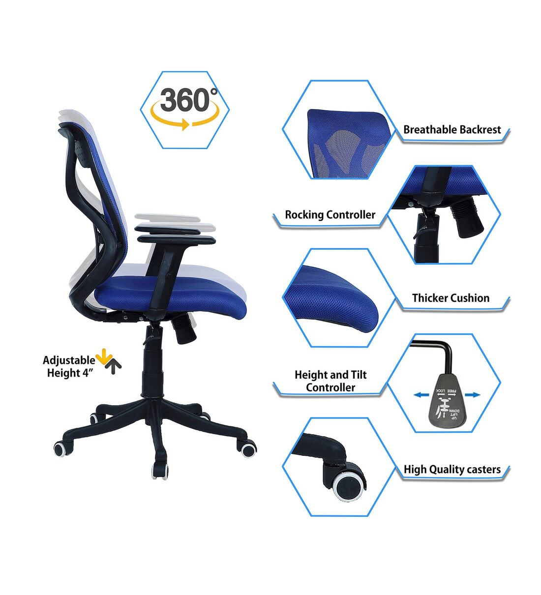 Buy Zeeyan Mid Back Ergonomic Chair In Blue Colour By Furniturstation ...
