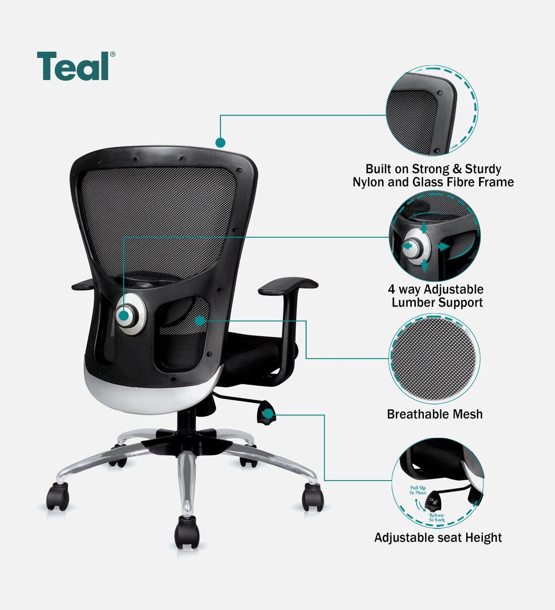 Buy Zenith Mid Back Ergonomic Office Chair in Black Colour by Teal ...