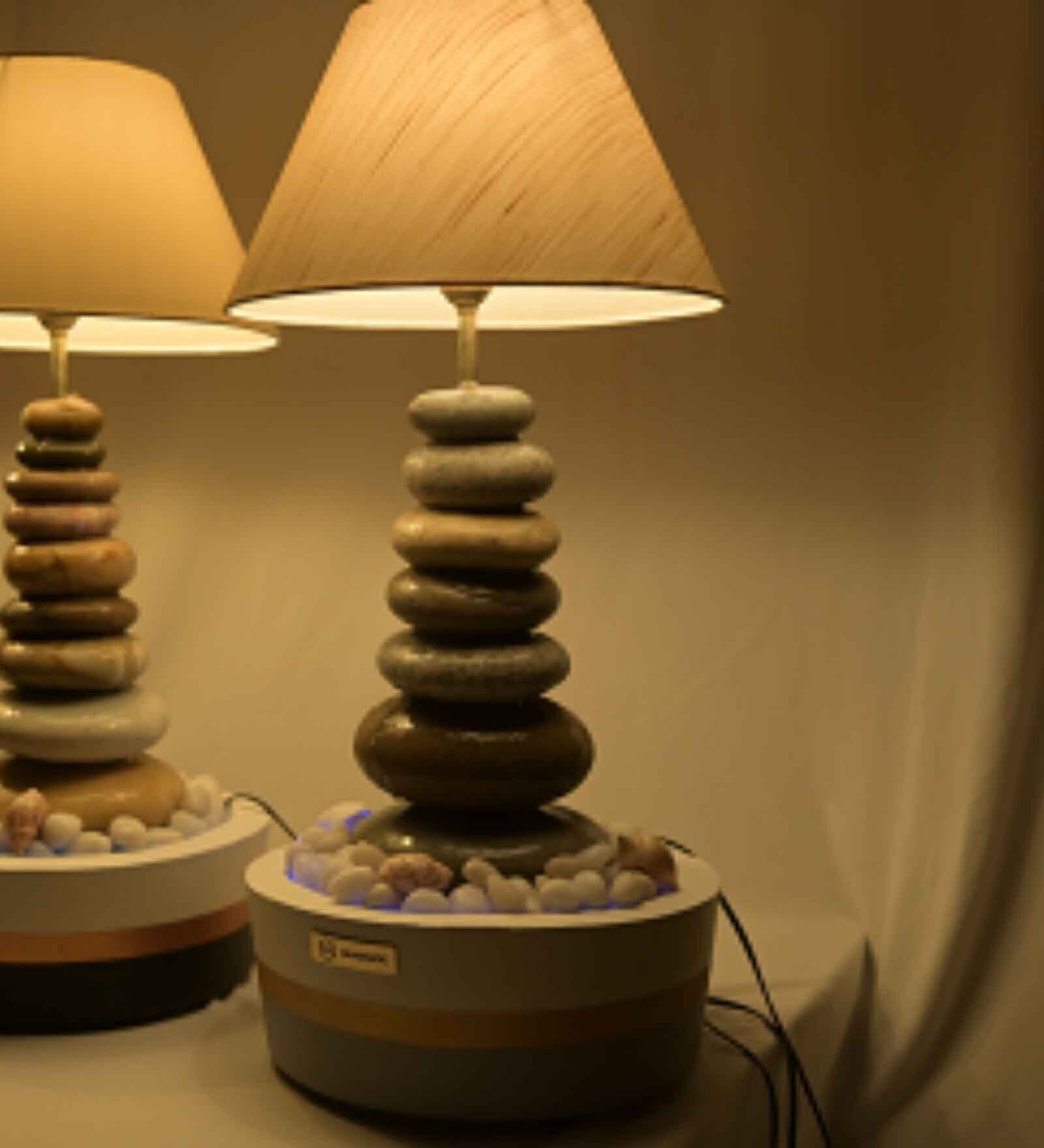 Buy Zen Fountain Cream Cotton Fabric Shade Table Lamp with Aqua Base by ...